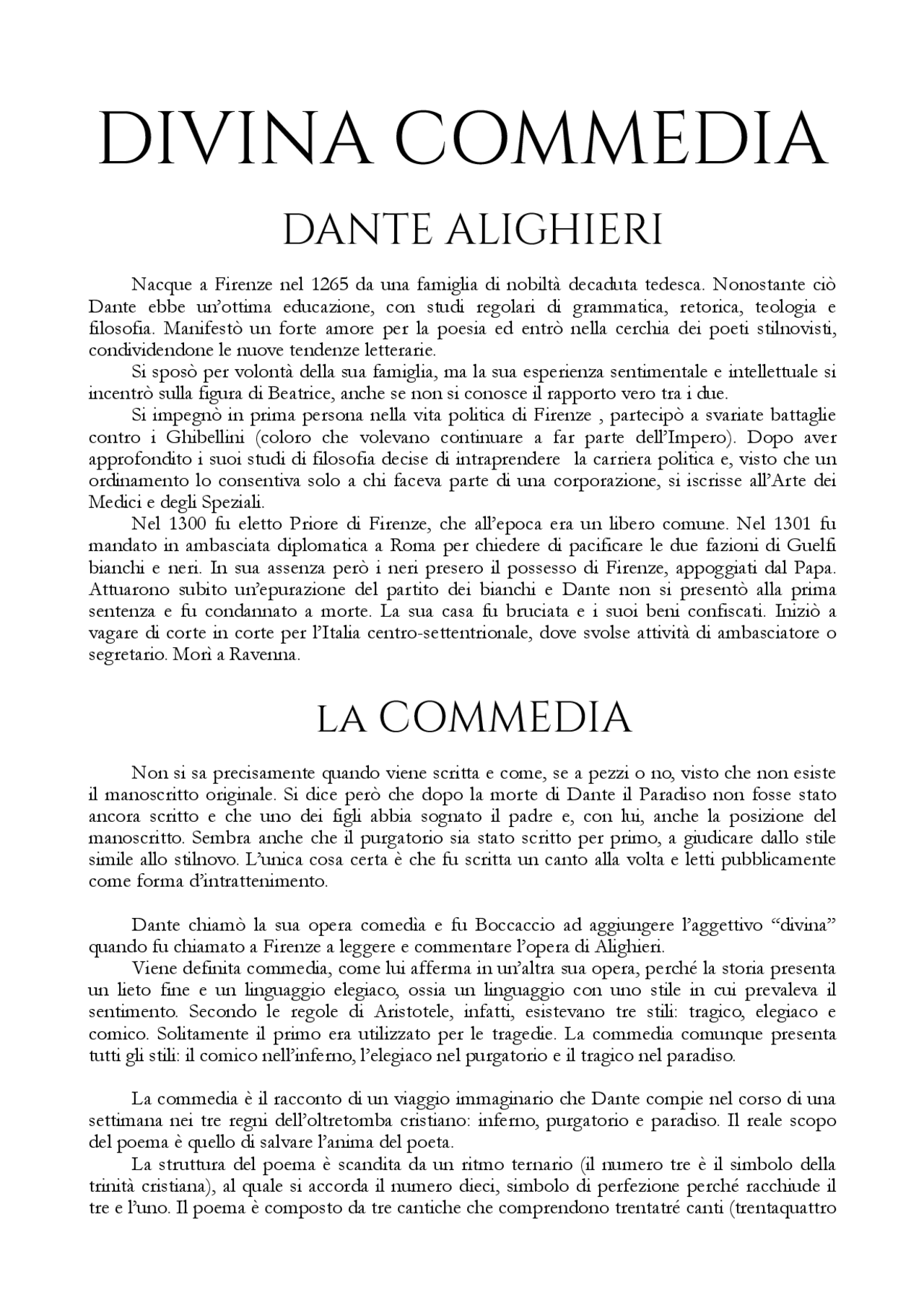 Divina Commedia Dante Riassunto Docsity