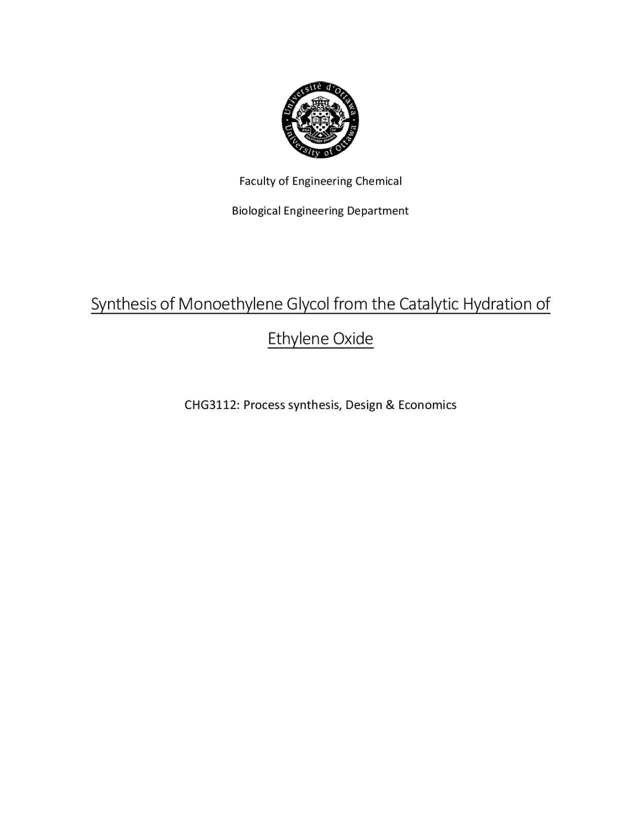 CHG 3112 Design Project Process Synthesis Design and Economics - Docsity