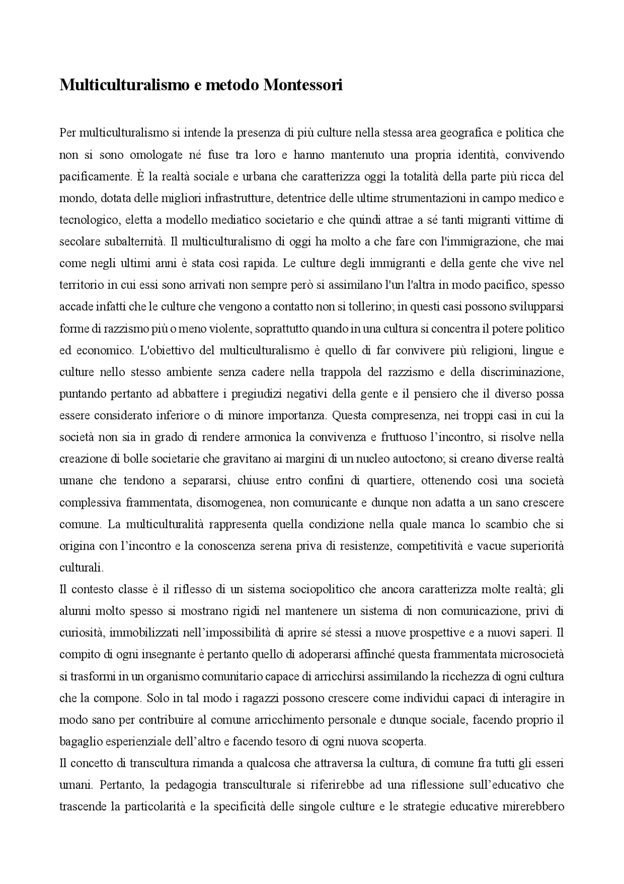 Multiculturalismo E Metodo Montessori Docsity