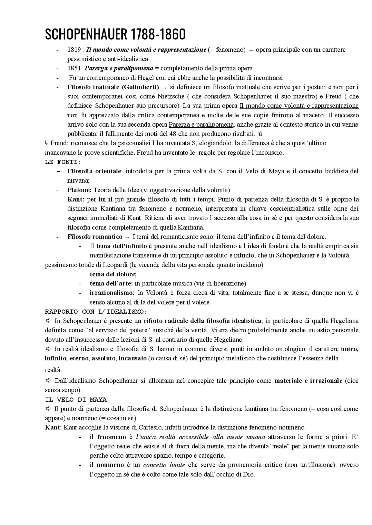 Riassunto Completo Filosofia Schopenhauer Docsity
