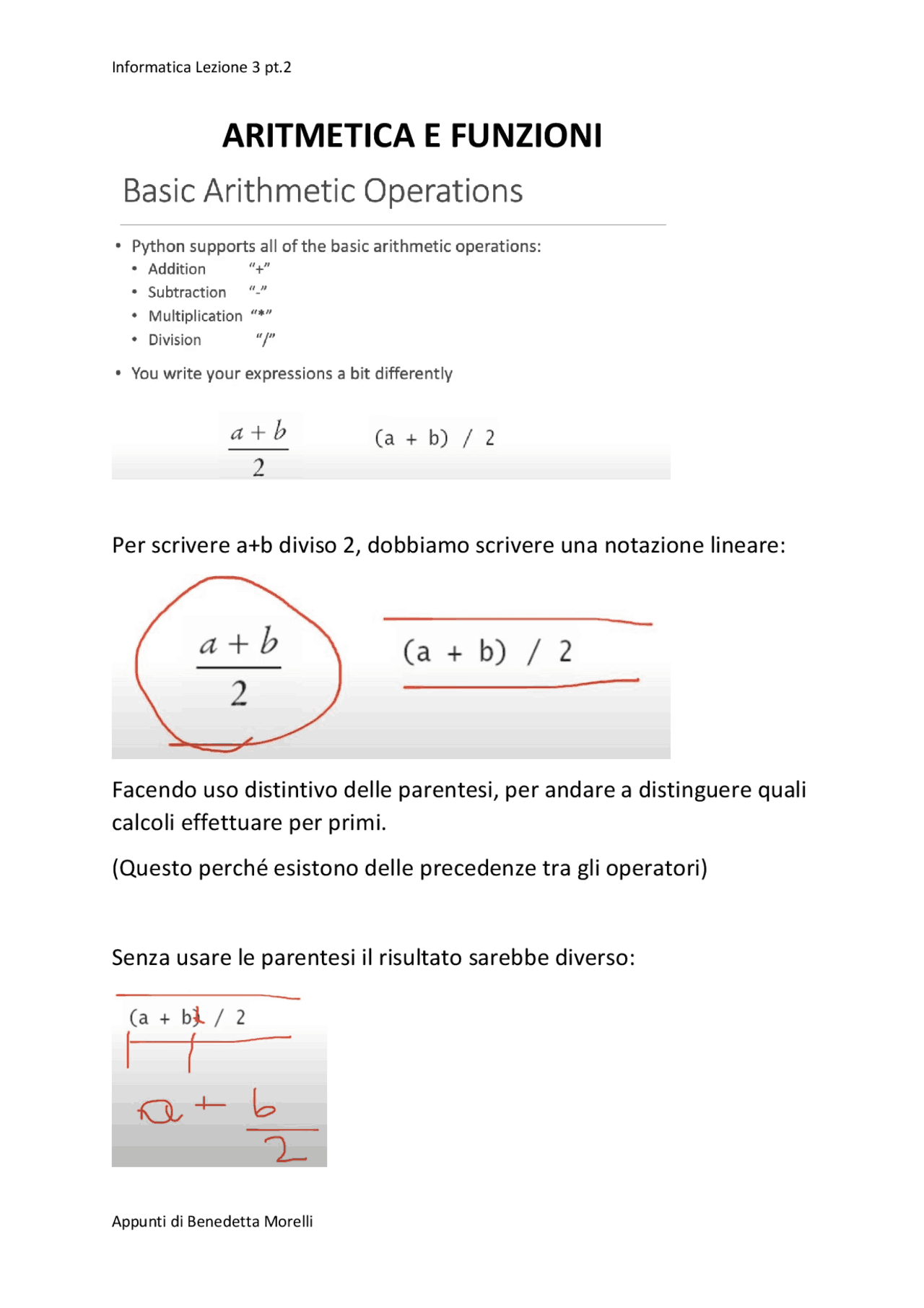 Operazioni aritmetiche e funzioni in Python | Sbobinature di Fondamenti di informatica | Docsity