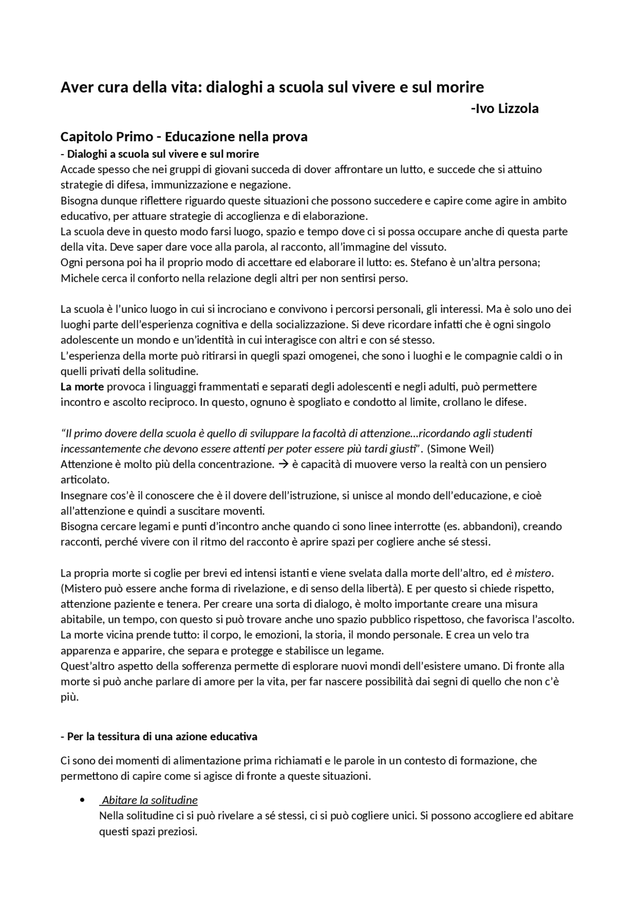 Riassunto Aver Cura Della Vita Docsity