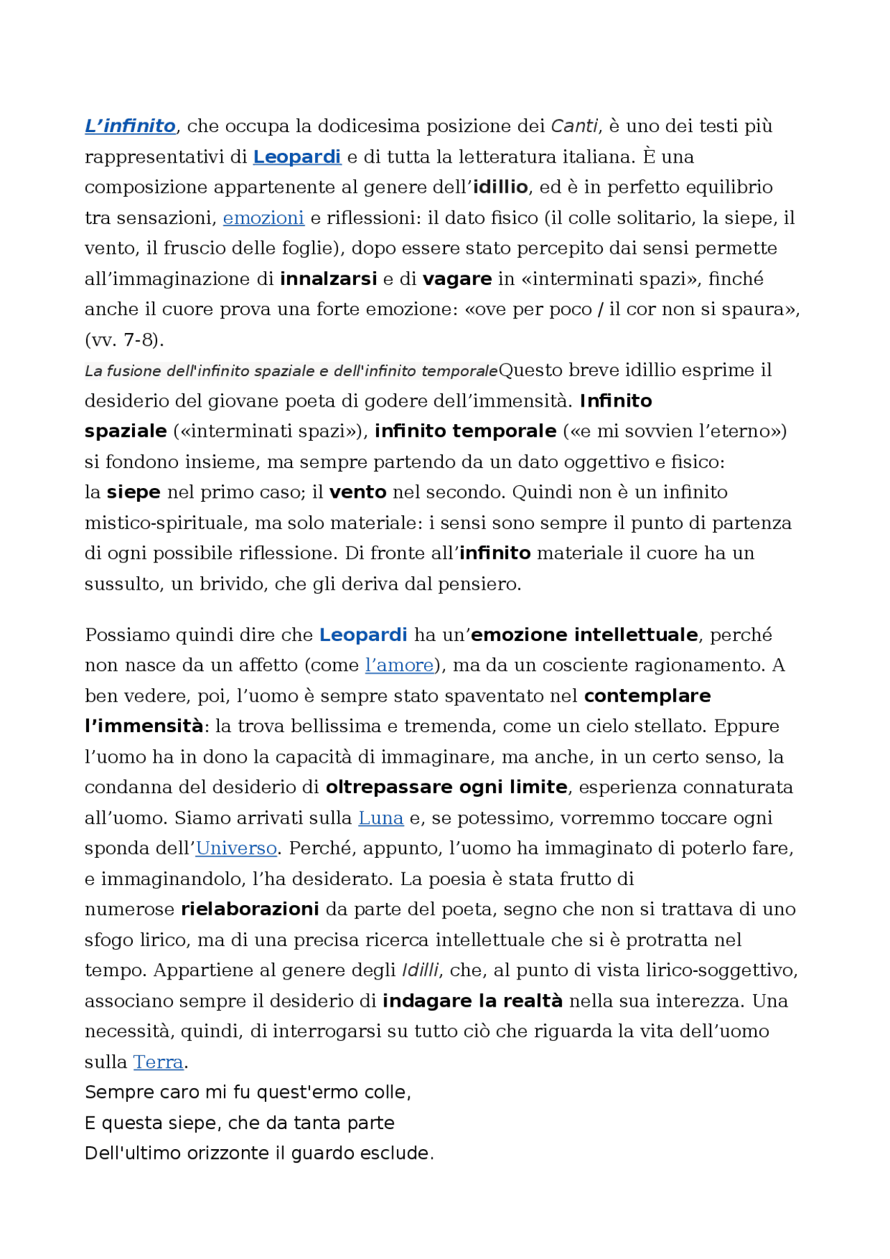 Commento Infinito Leopardi Docsity