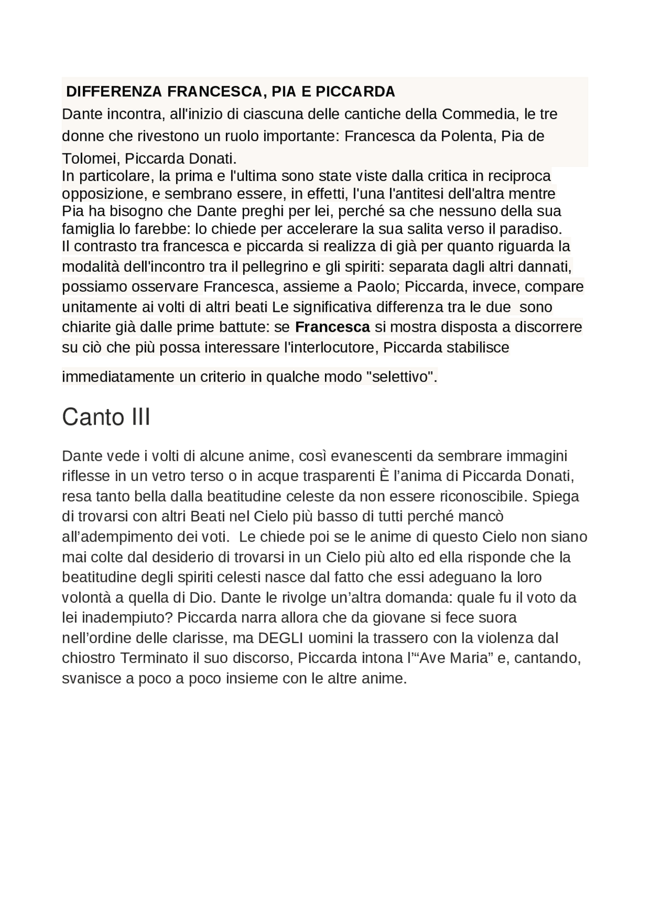 Canto Iii Del Paradiso Docsity