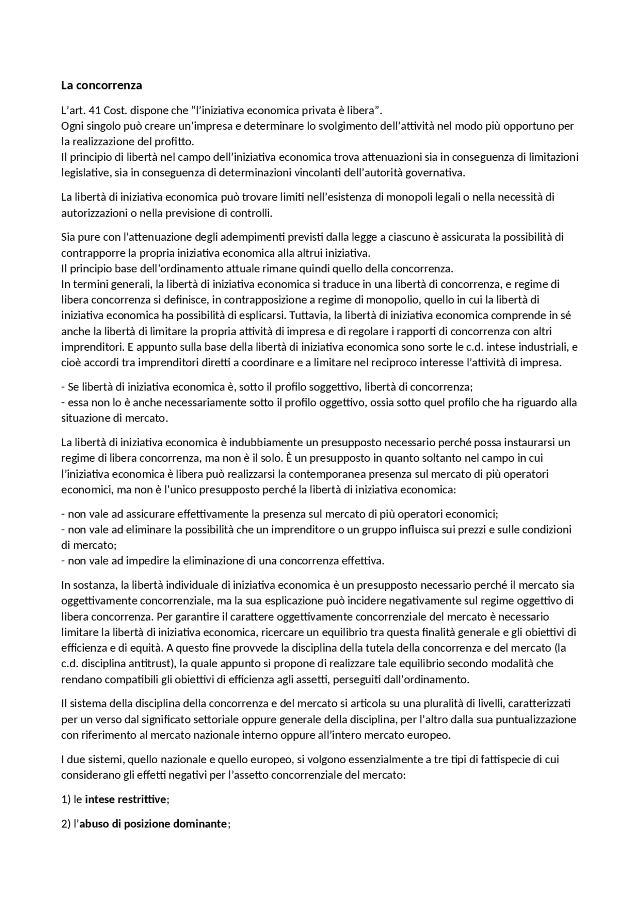 Riassunti sulla Concorrenza - Docsity