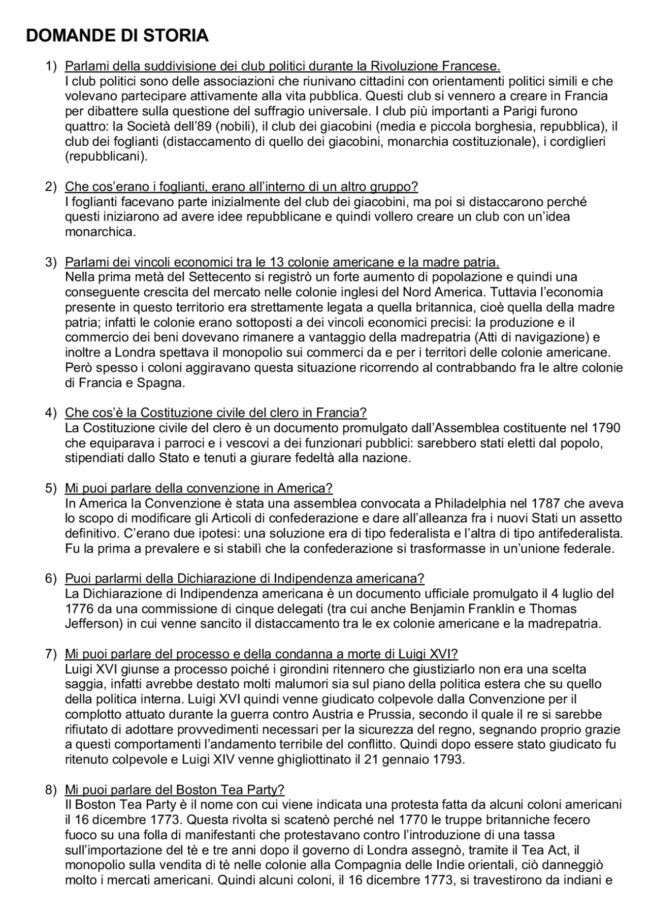 Domande e risposte varie su '700 e '800 - Docsity