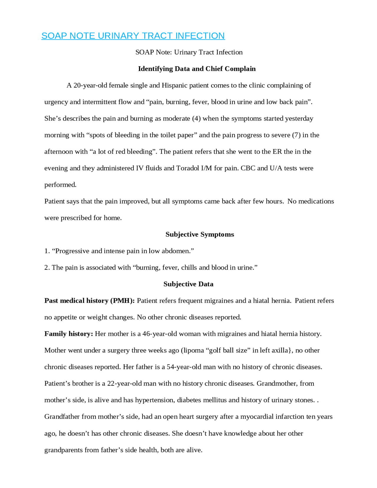 SOAP NOTE URINARY TRACT INFECTION | Exams Nursing | Docsity