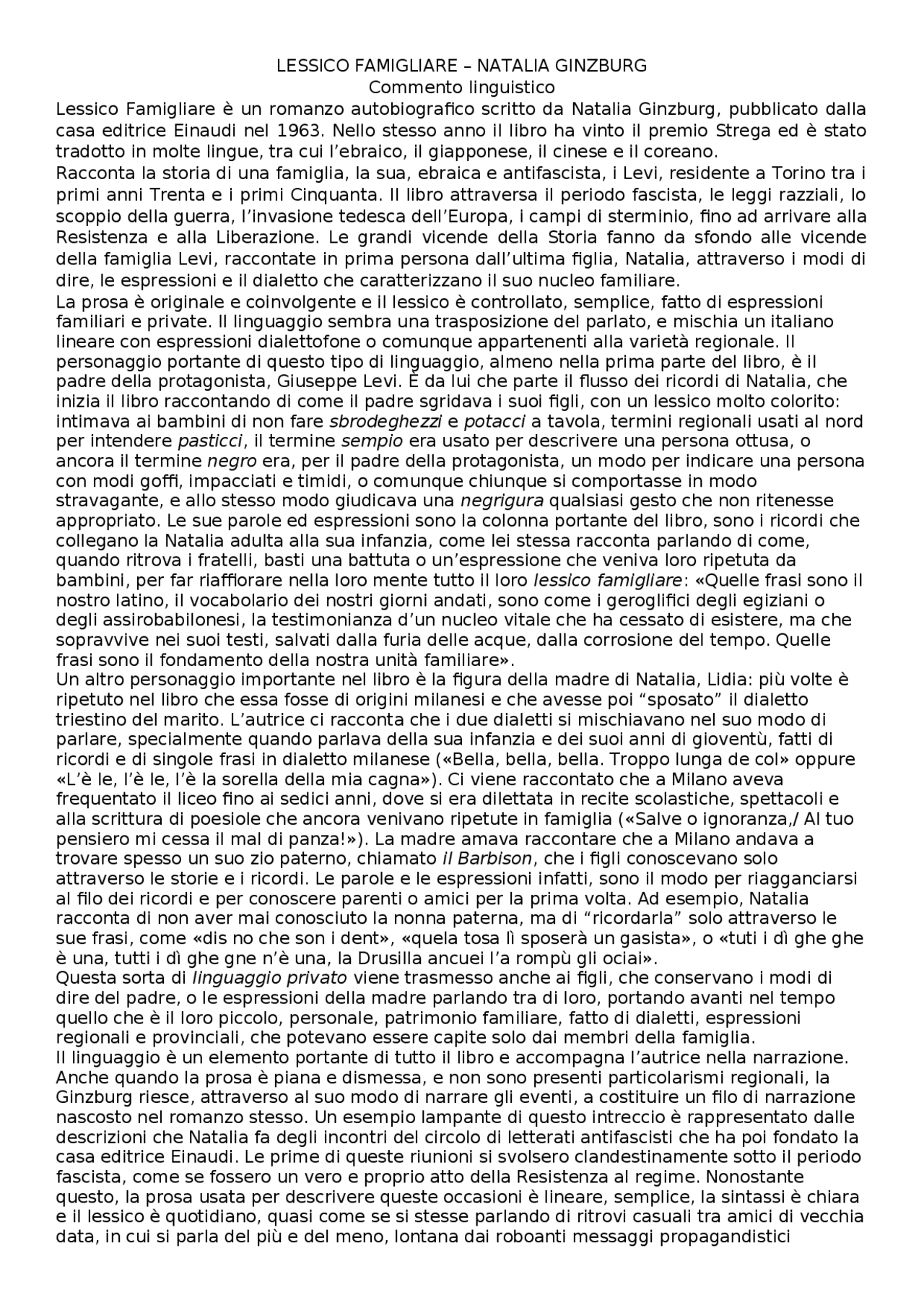 Lessico Famigliare Commento Linguistico Guide Progetti E Ricerche