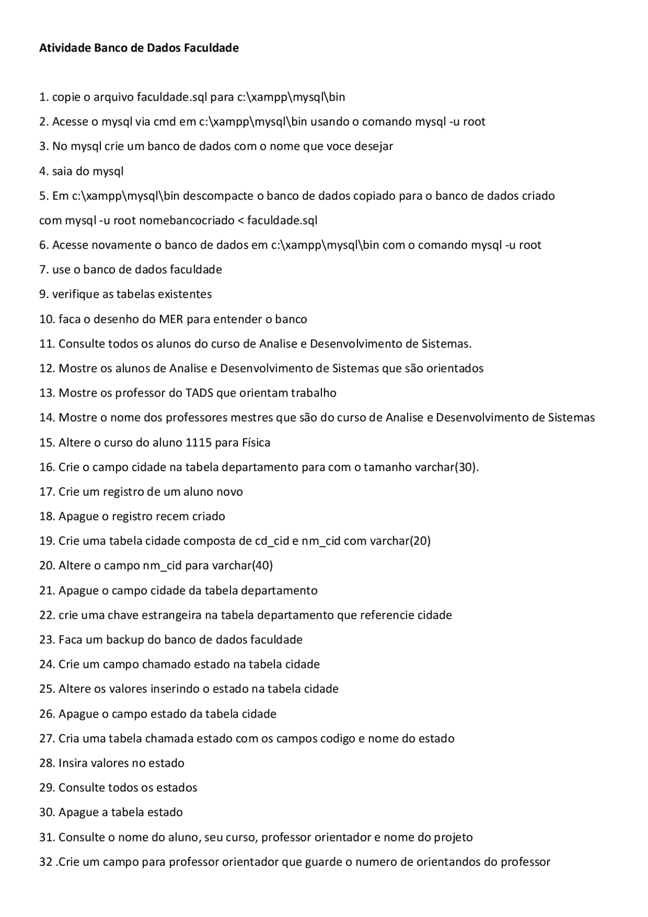 Exemplo De Exercício De Banco De Dados Docsity
