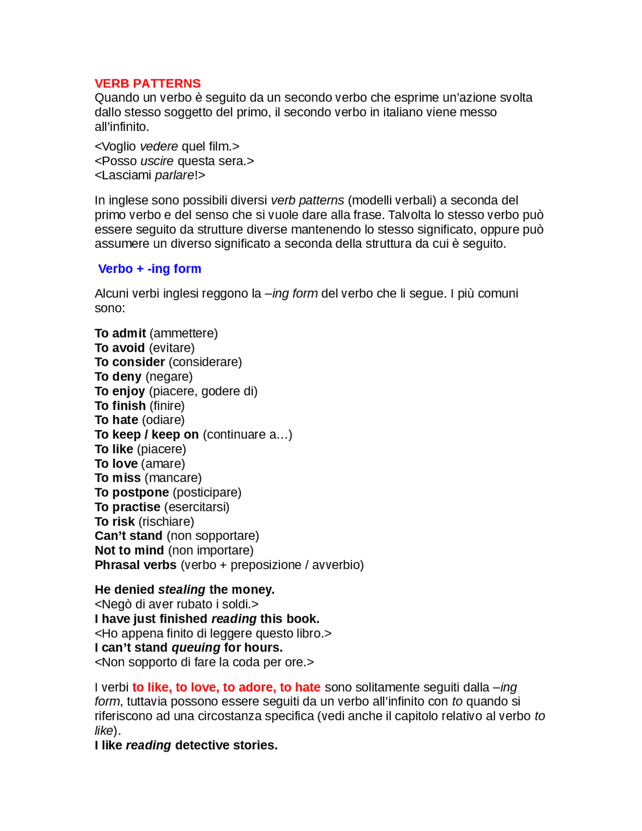 Inglese Verb Patterns - Docsity