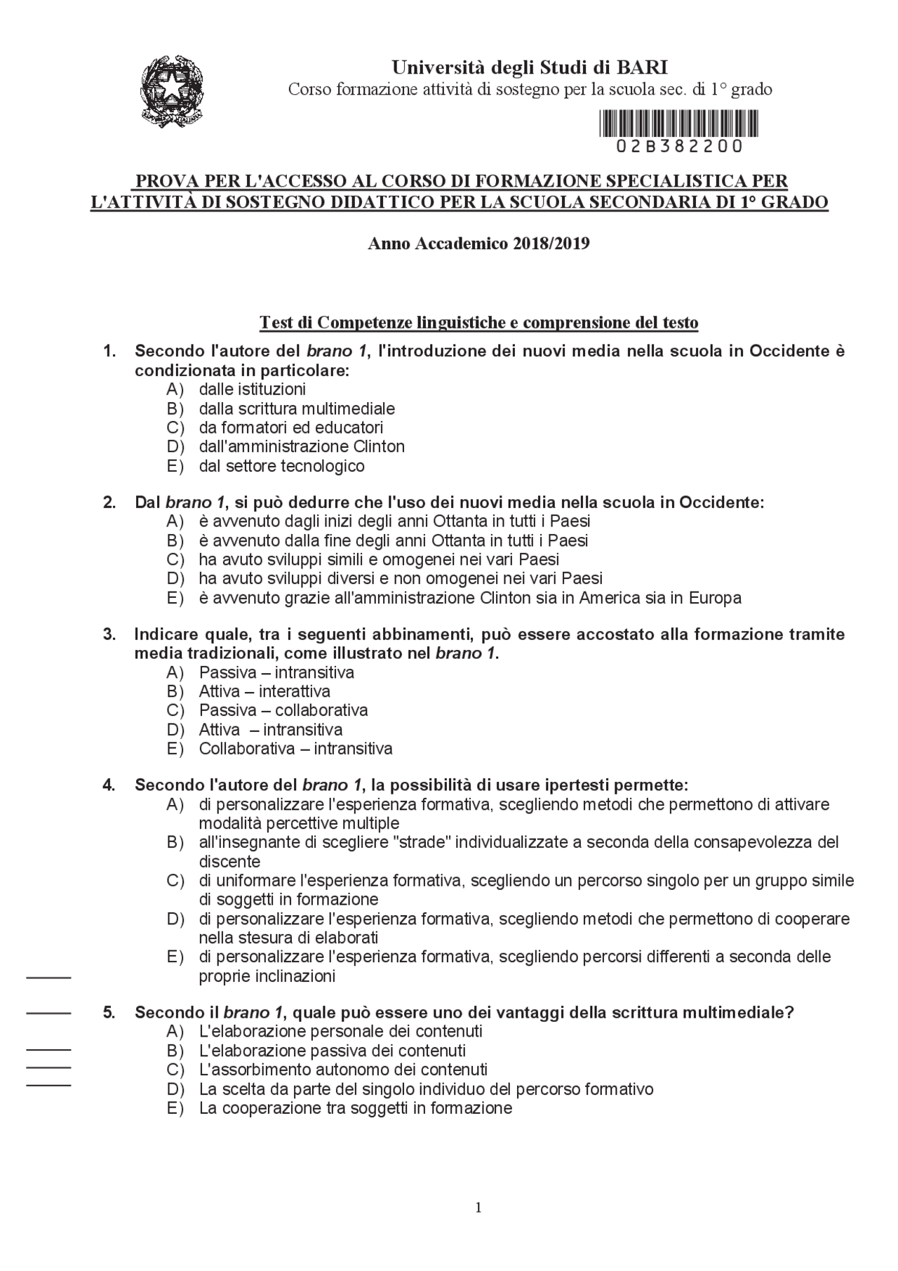 Tfa Sostegno Uni Ba I Grado Iv Ciclo Docsity