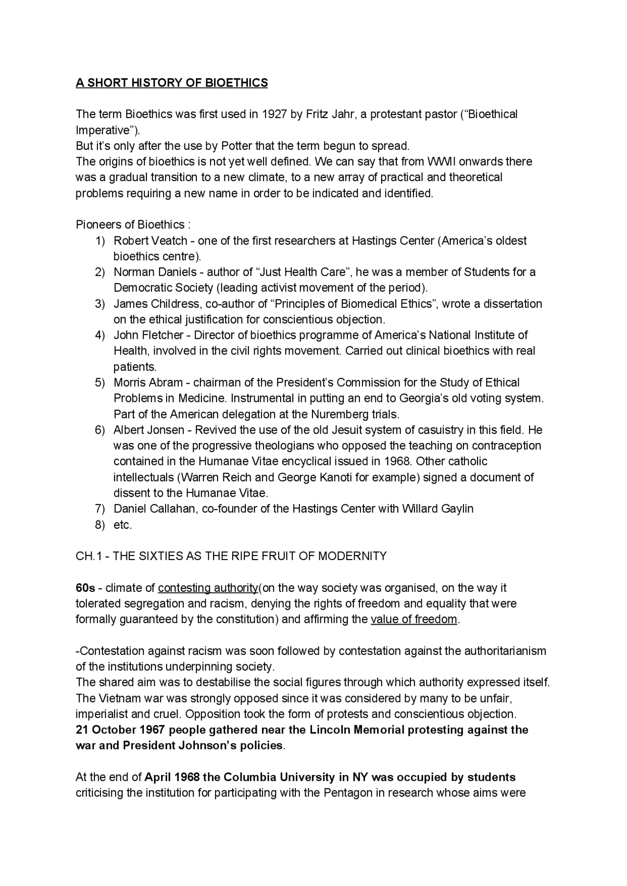 Riassunto "A short history of Bioethics" , Prof. Turoldo - Docsity