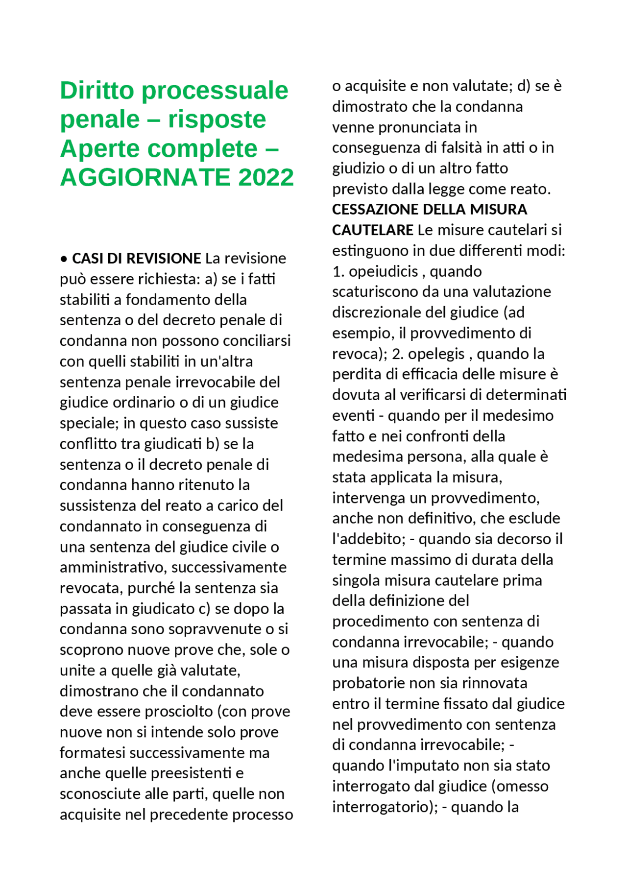 Diritto processuale penale - Risposte Aperte COMPLETE - AGGIORNATO 2022 - Docsity