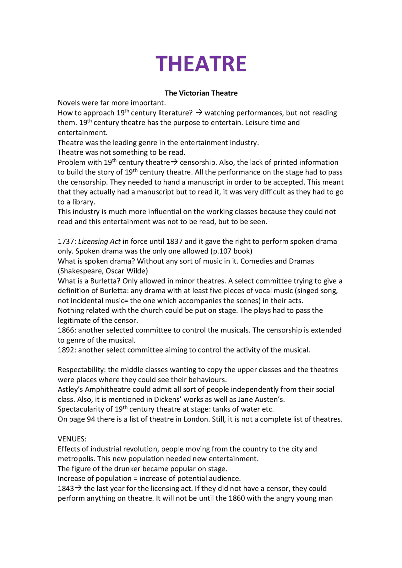 Theatre - Literatura inglesa siglo 19 - Docsity