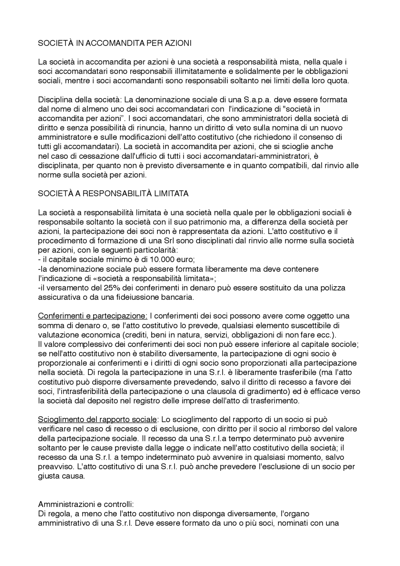 Società In Accomandita Per Azioni E Societa A Responsabilità Limitata