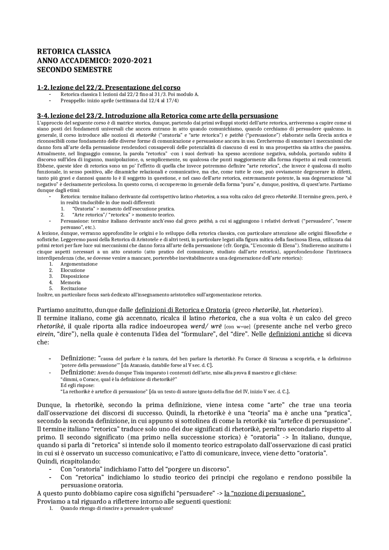 Corso Di Retorica Classica Docsity
