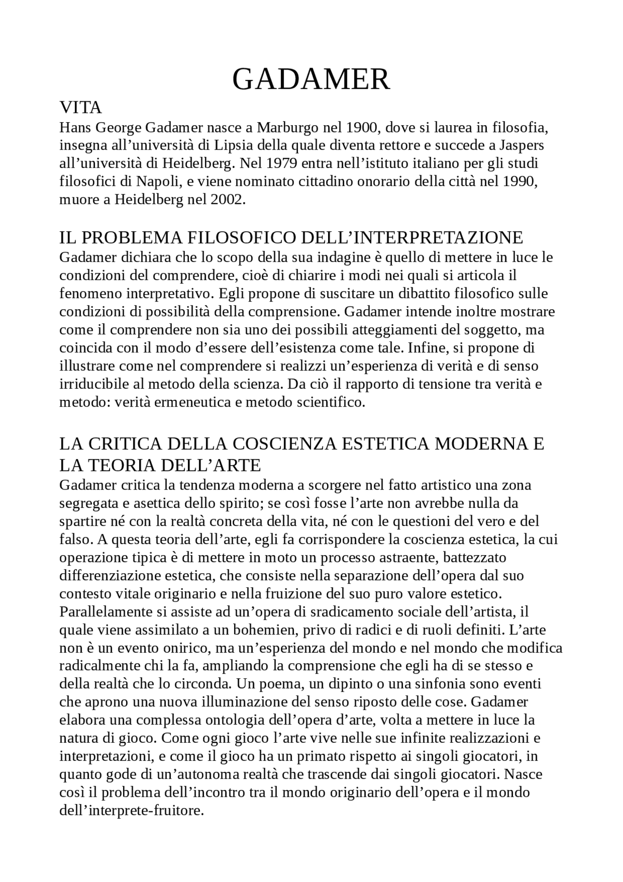 Riassunto Di Gadamer Docsity