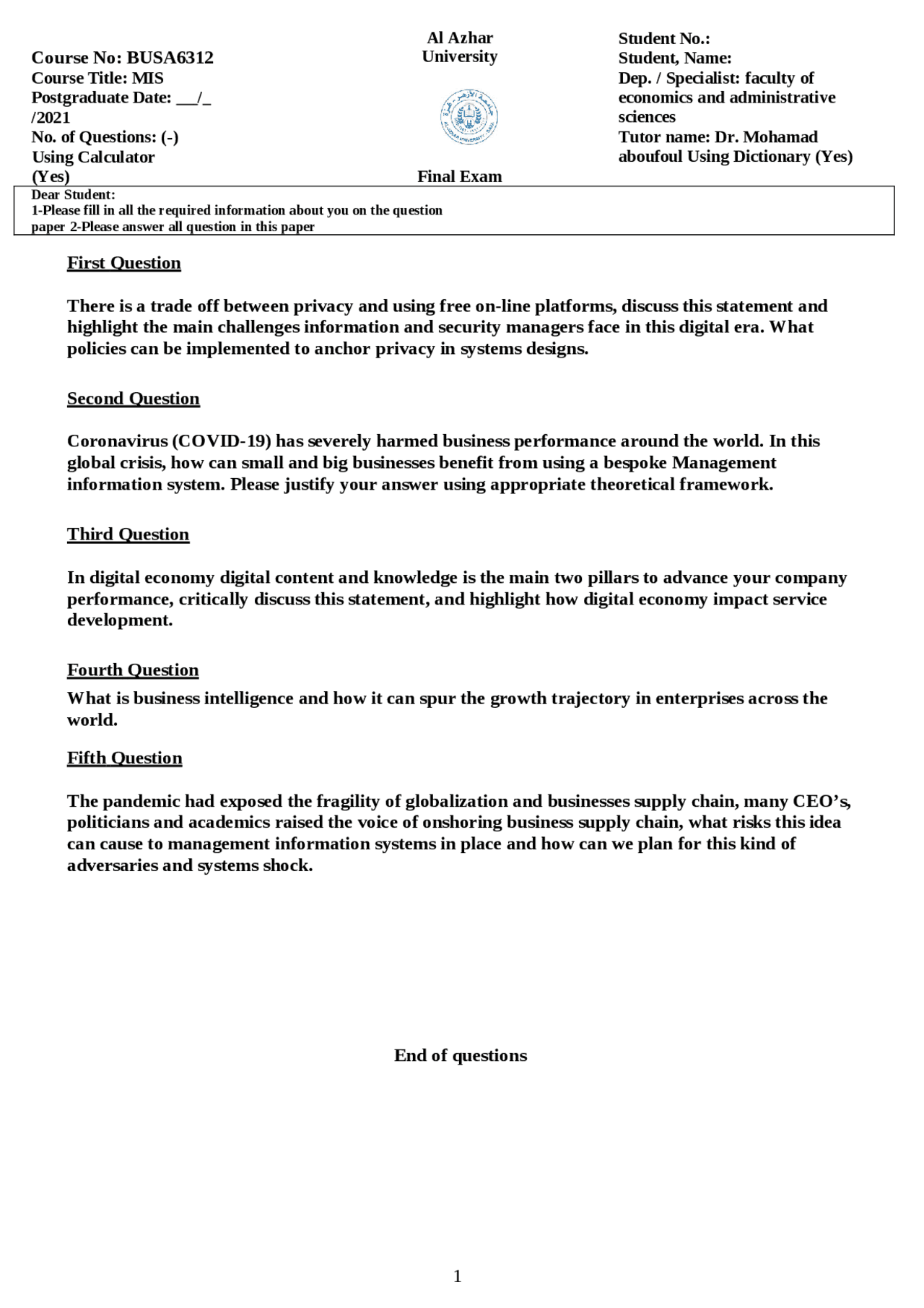 MIS EXAM IN MASTER MANAGEMENT | Exams Management Information Systems ...