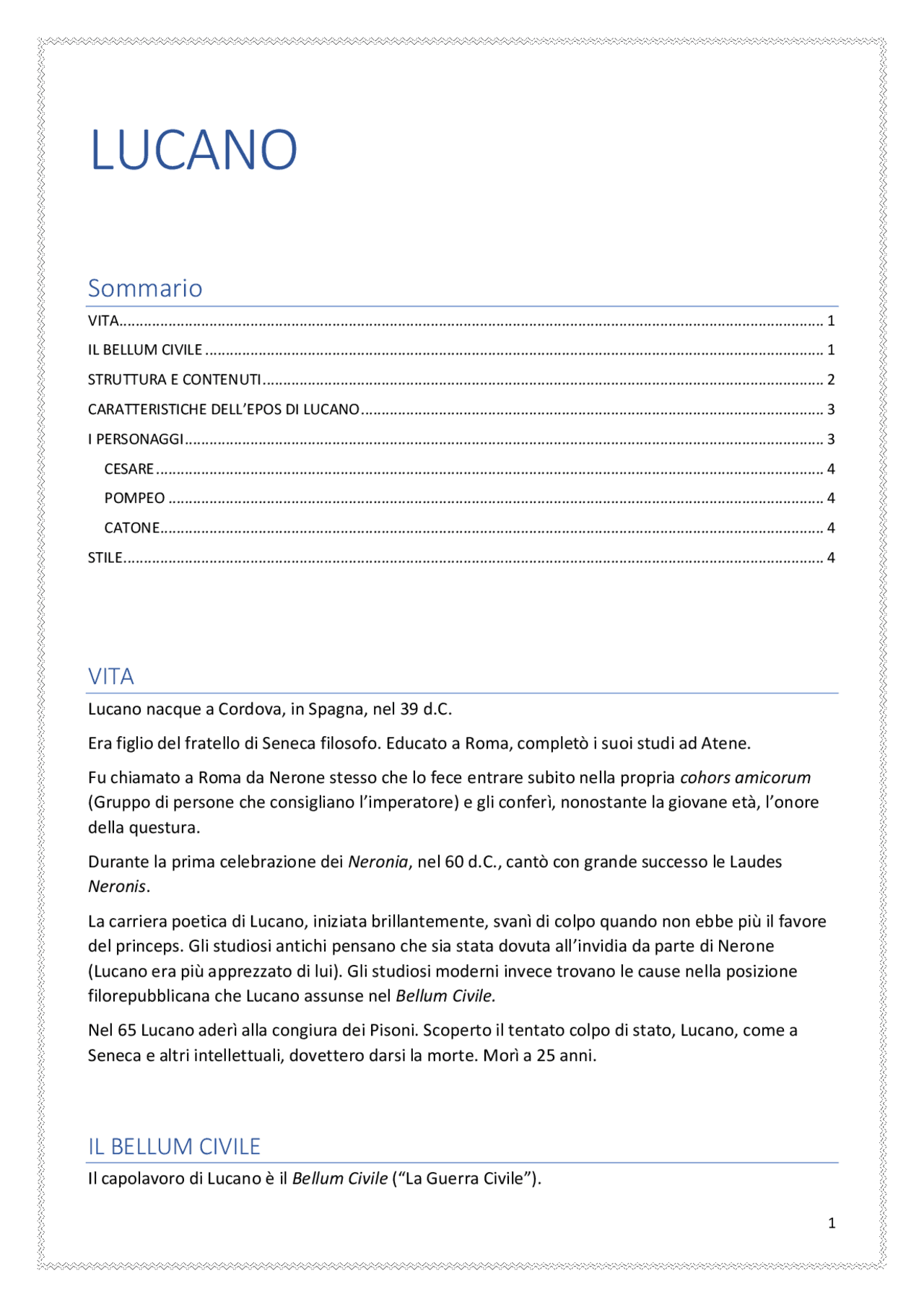 LUCANO: VITA E IL 'BELLUM CIVILE' - Docsity