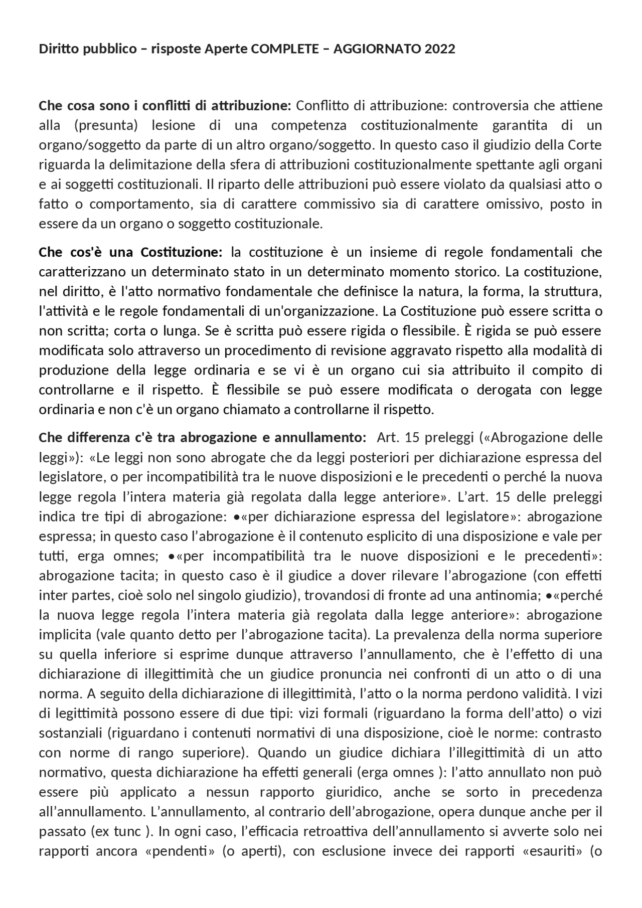 Diritto pubblico - Risposte Aperte COMPLETE - AGGIORNATO - Docsity