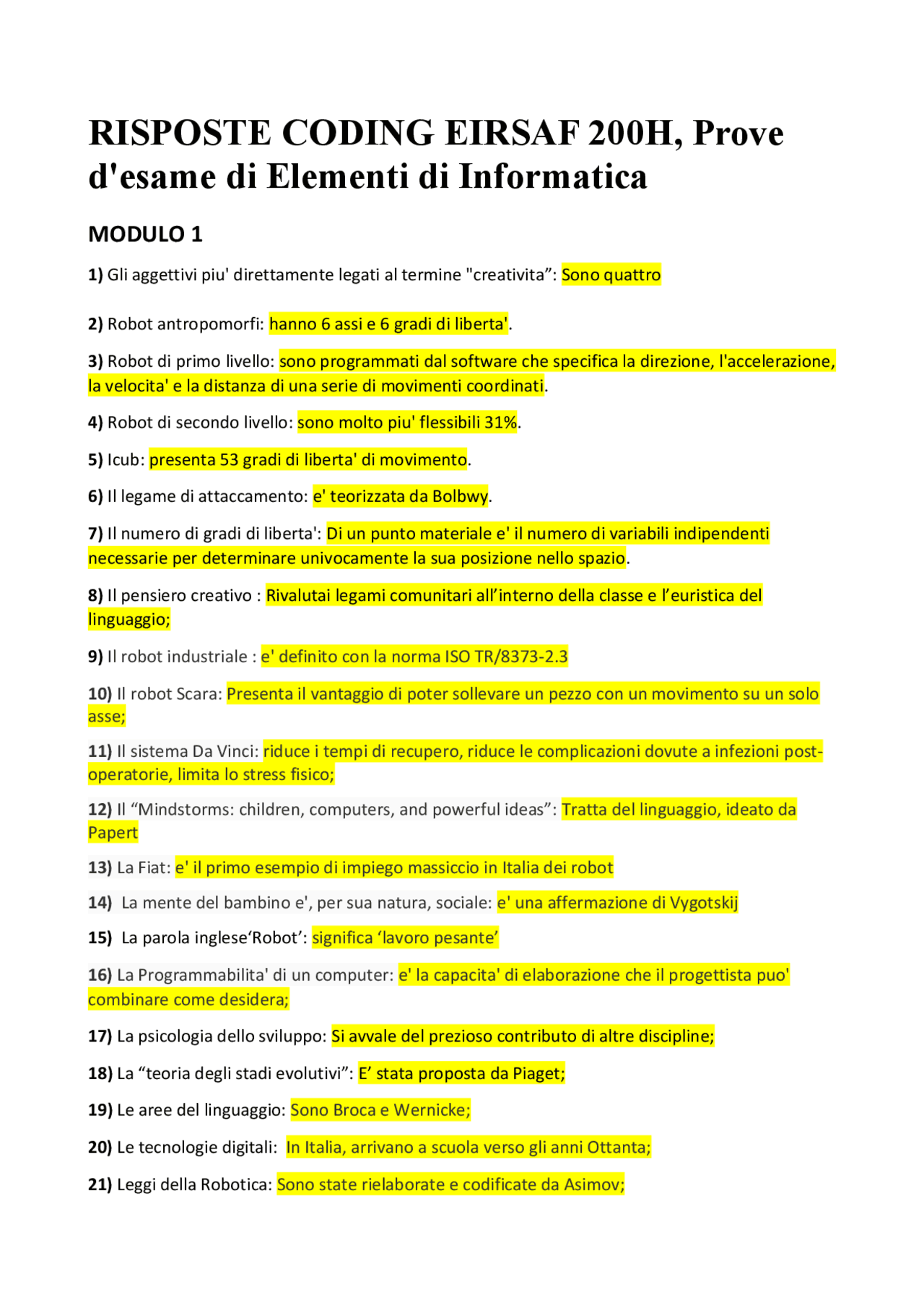 Risposte moduli esercizi coding cres uniscientia (aggiornato a gennaio 2022) | Esercizi di ...