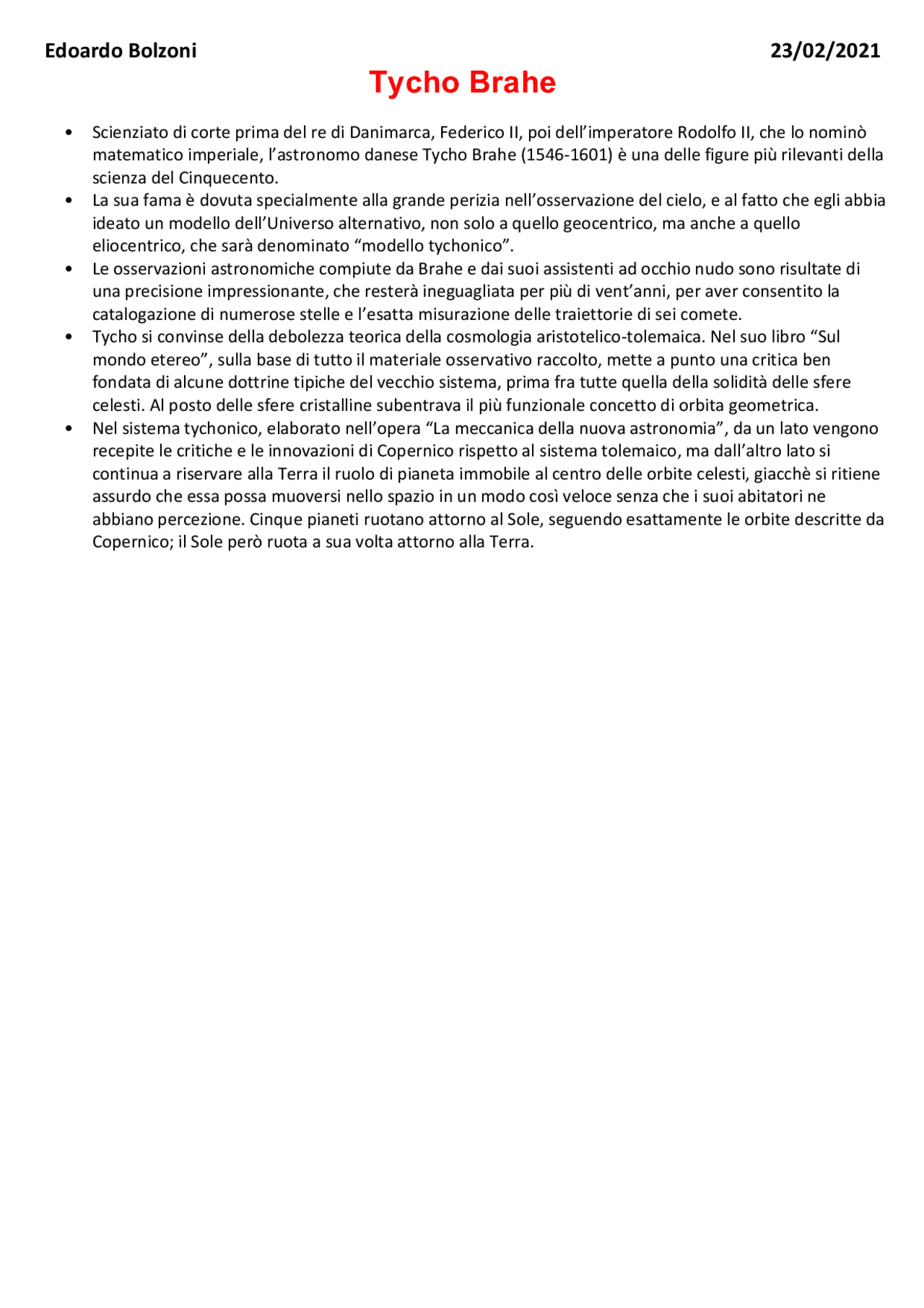 Riassunto Sintetico Su Brahe Docsity