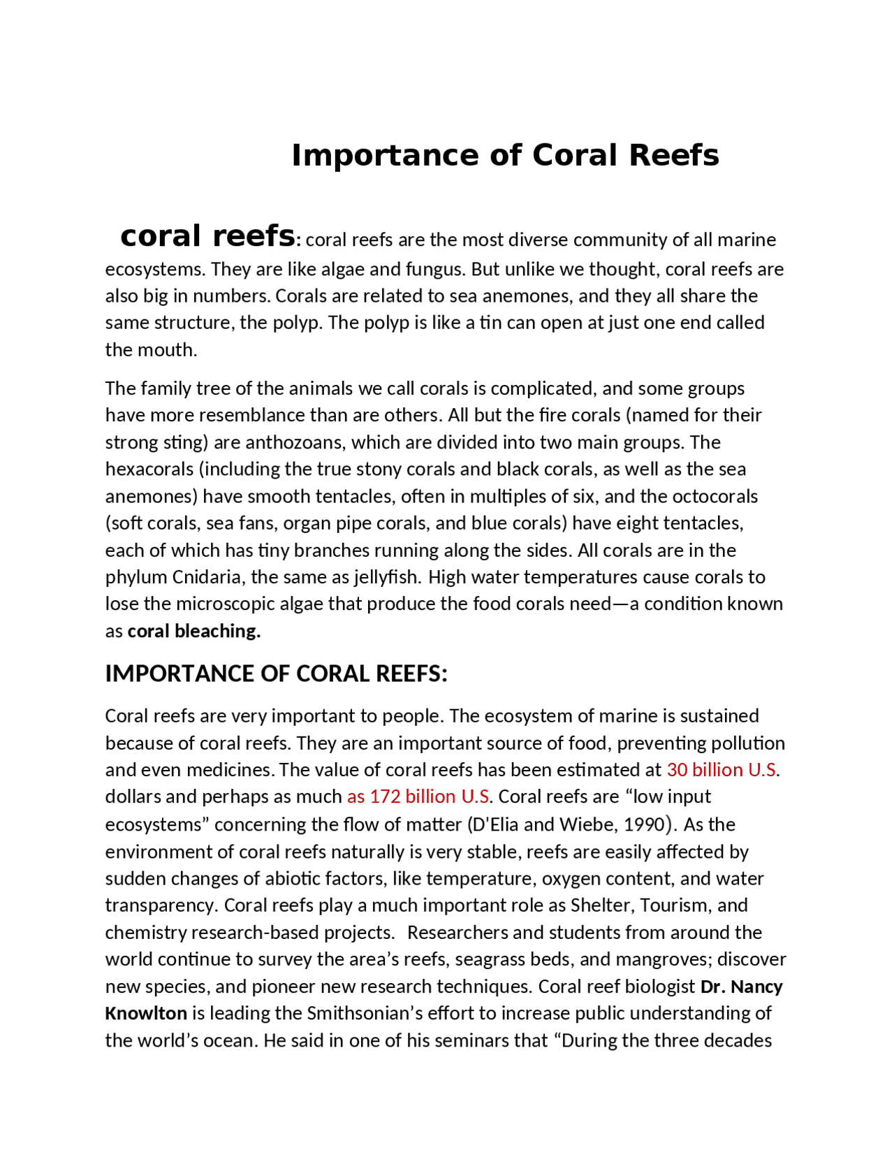 Importance of Coral Reefs - Docsity