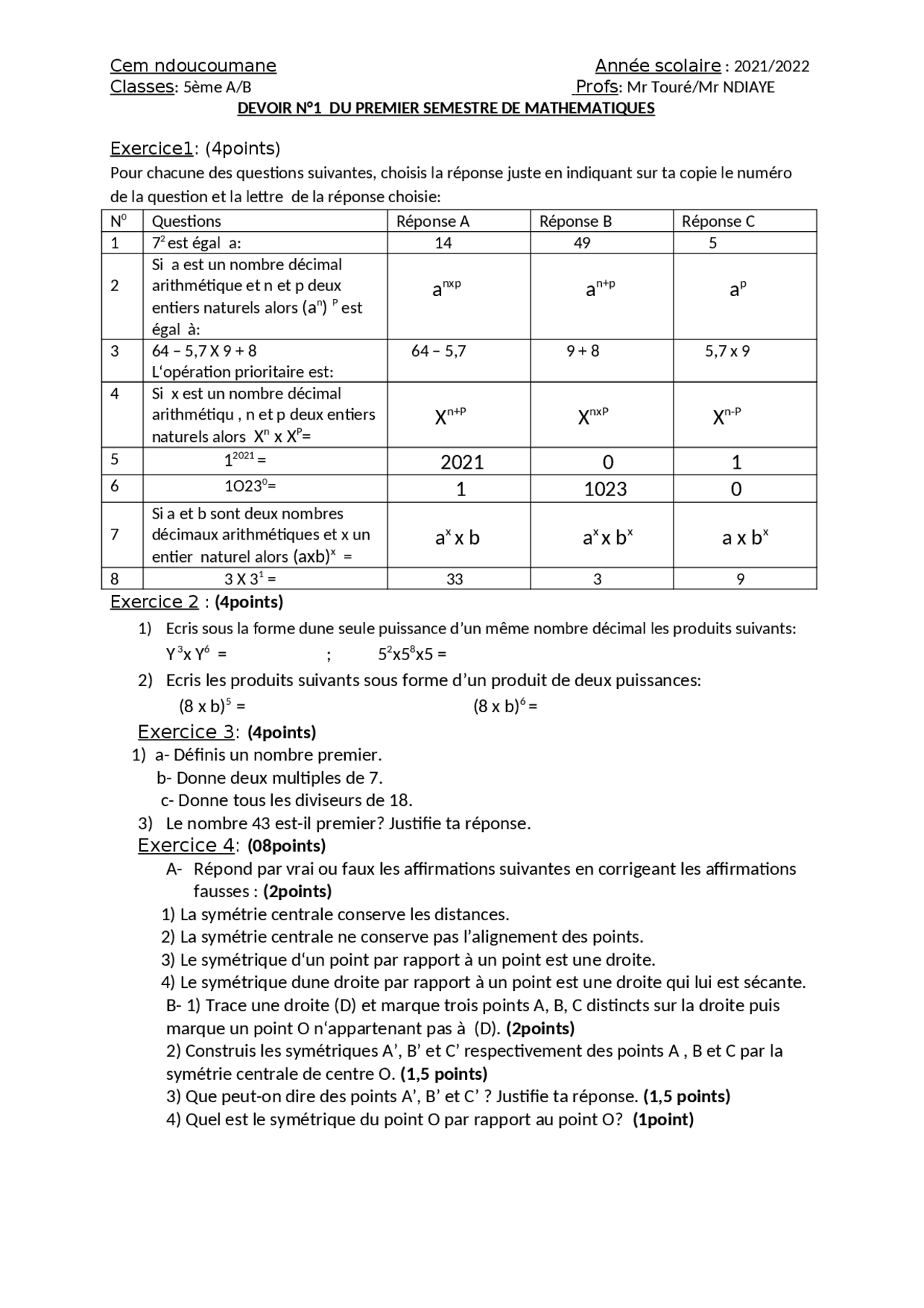 Devoir De Mathématiques Docsity