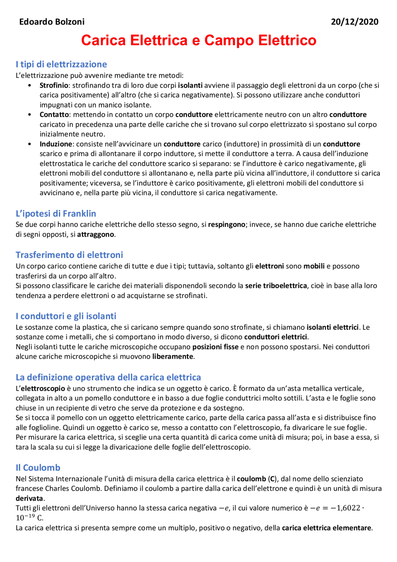 Riassunto Sintetico Sulla Carica Elettrica E Sul Campo Elettrico Docsity