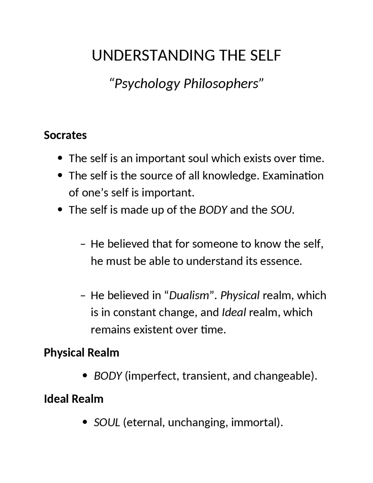 Understanding the Self Philosophers - Docsity