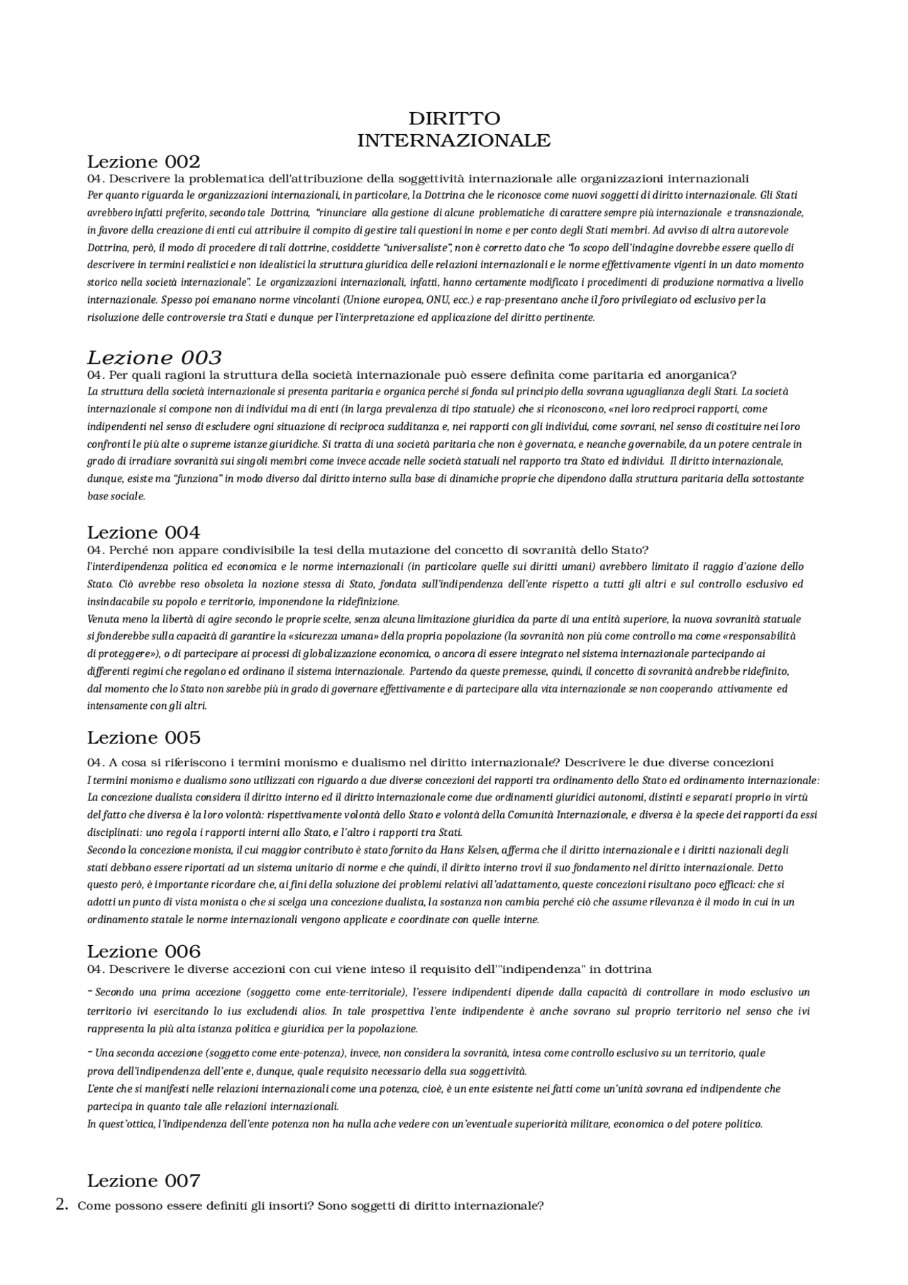 Diritto Internazionale - Risposte Aperte - AGGIORNATO nel 2022 - Docsity