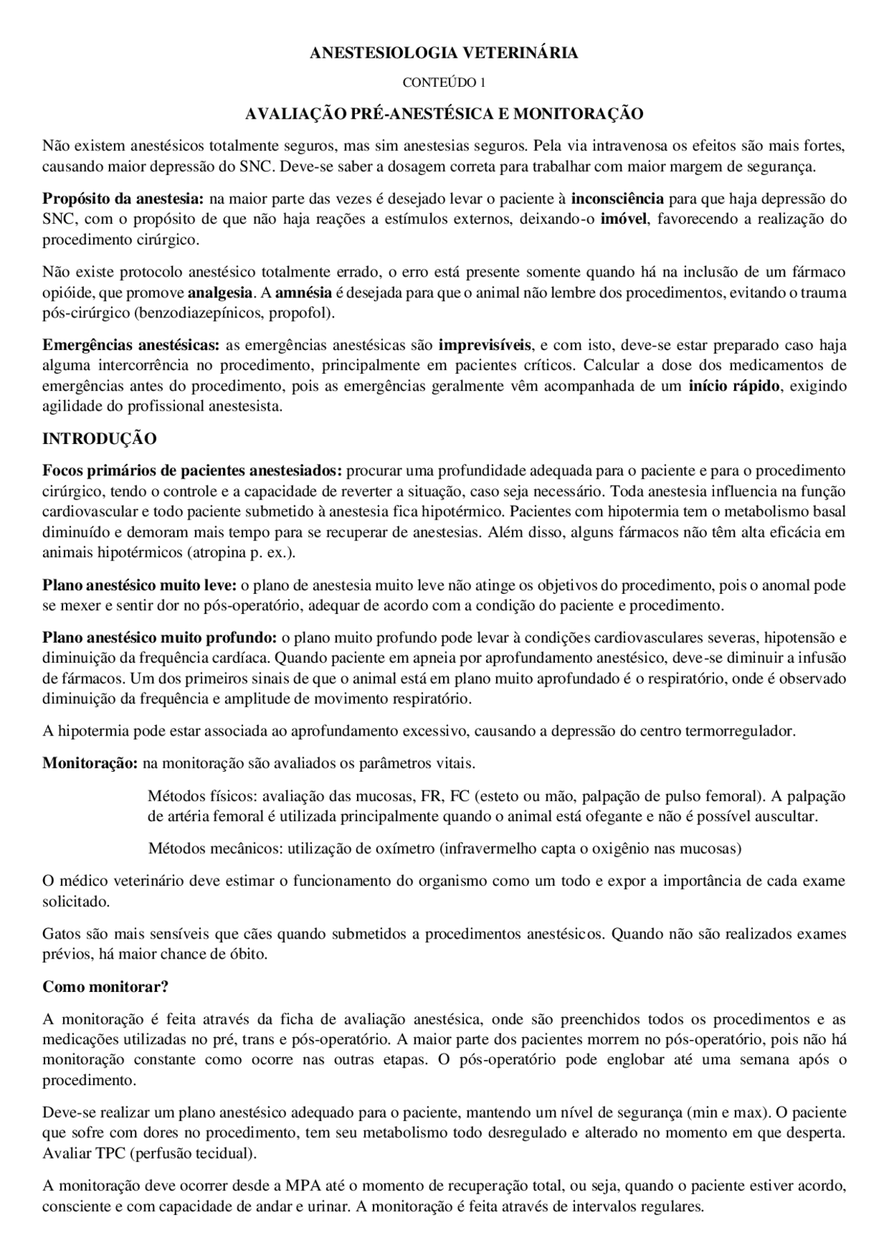 Anestesiologia Avaliação Pré Anestésica E Monitoração Docsity