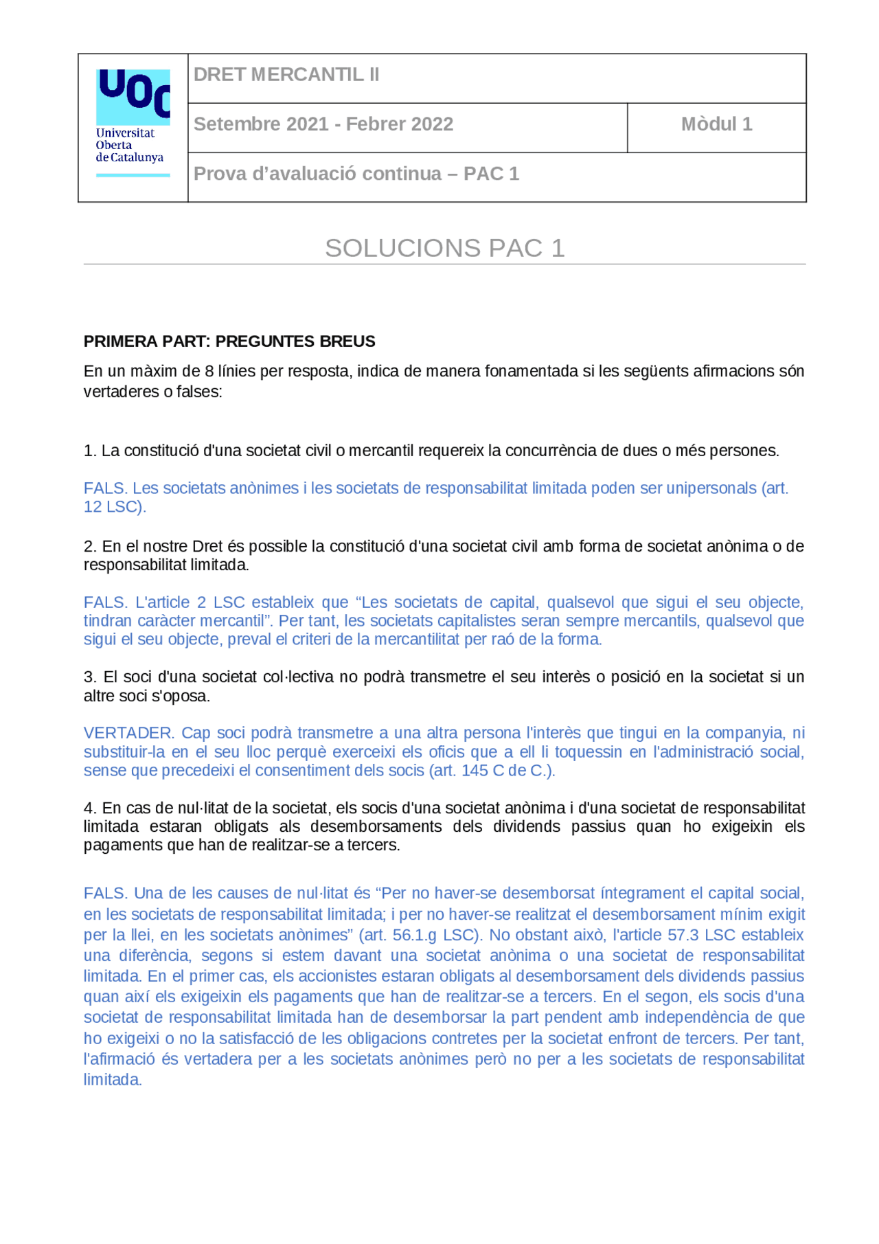 Solucionario a la PAC1 | Ejercicios de Derecho Mercantil - Docsity