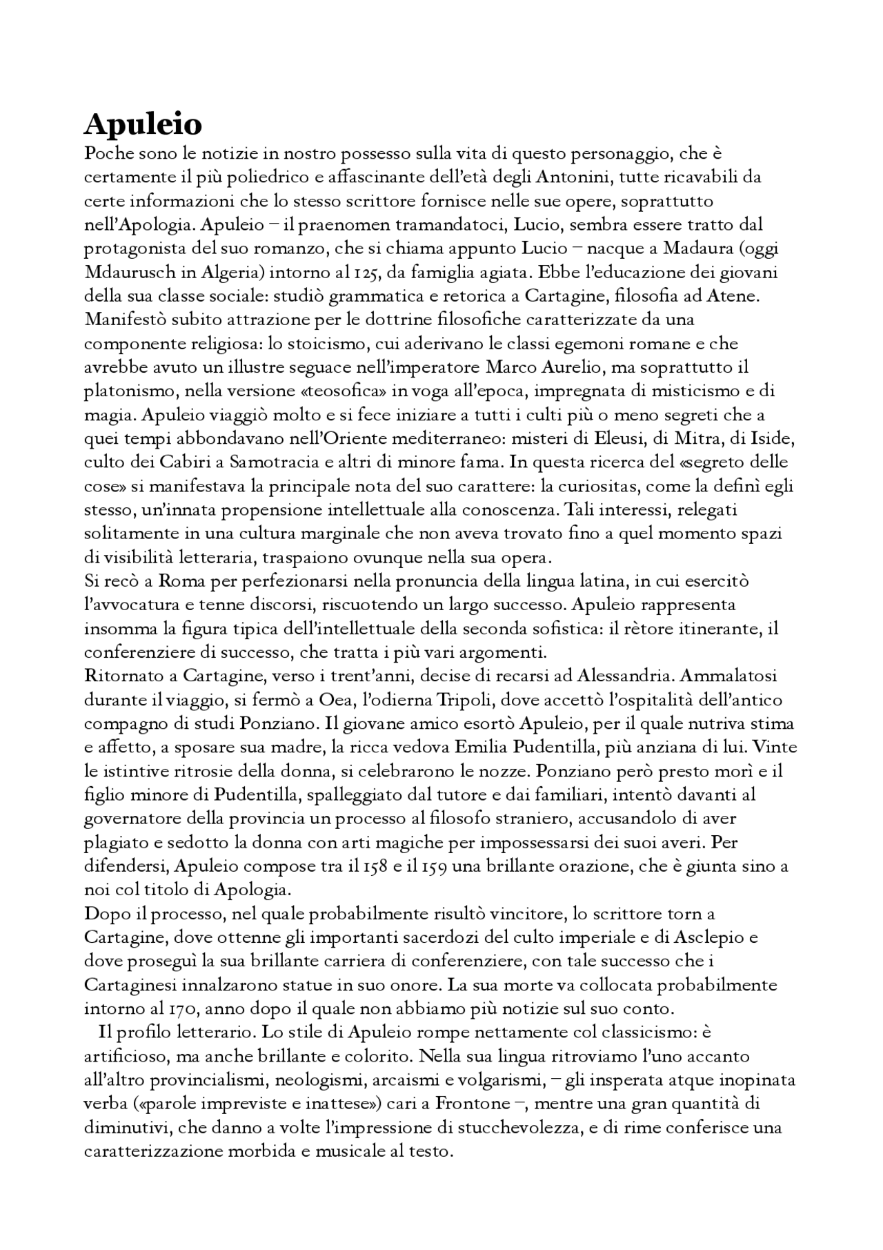 Riassunto vita e opere Apuleio - Docsity