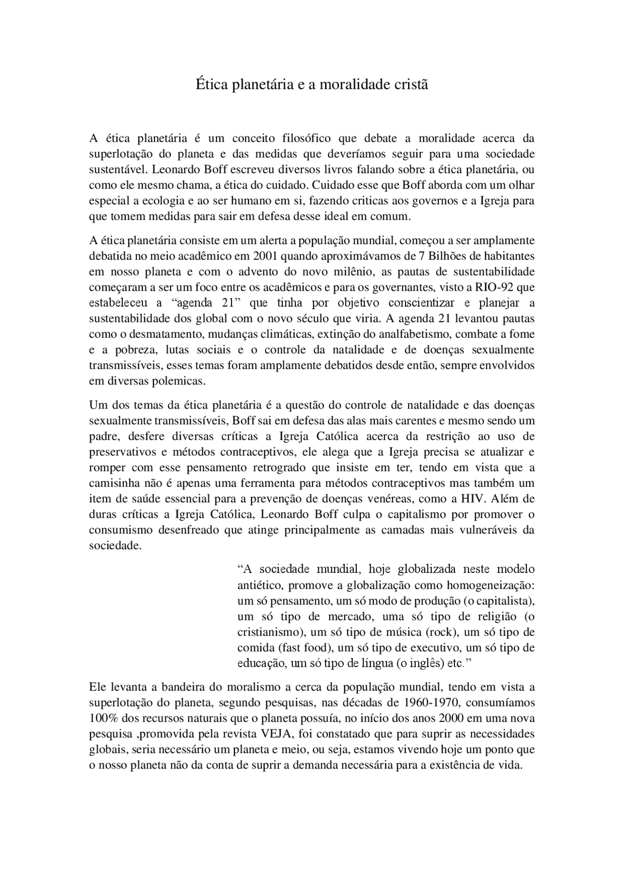 Ética planetária e a moralidade cristã - Docsity