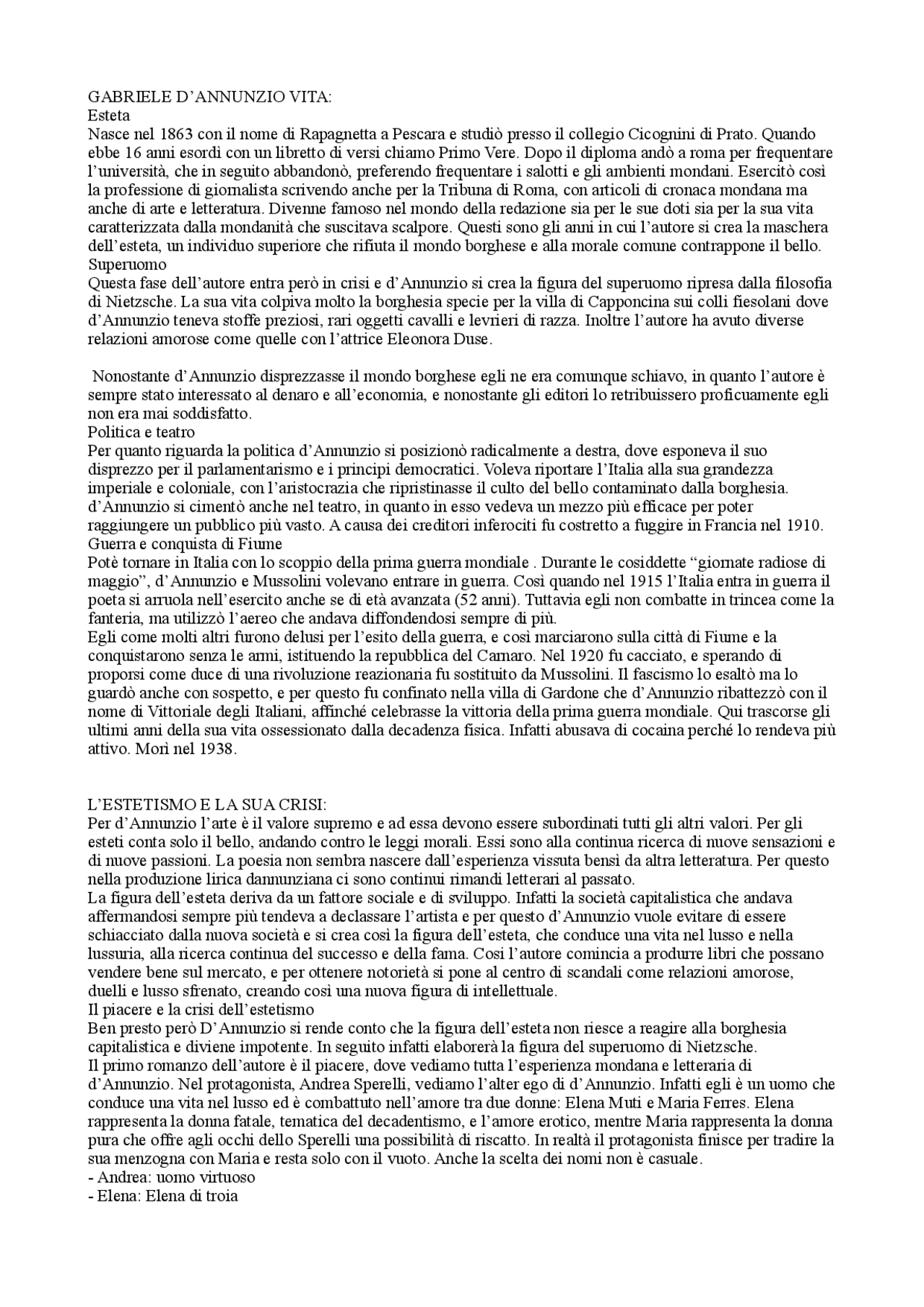 Riassunto Gabriele Dannunzio Docsity