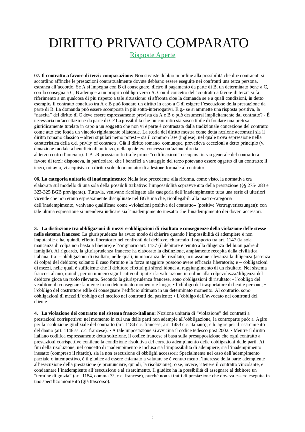 Diritto privato comparato - Risposte Aperte - CORRETTO - Docsity