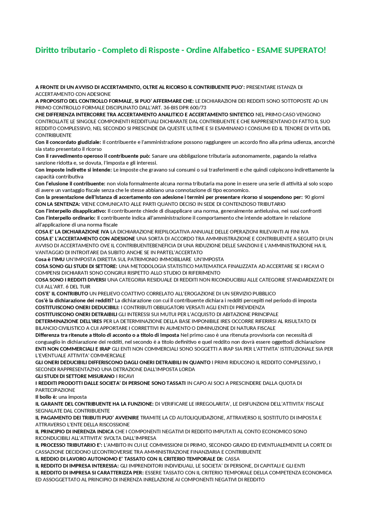 Diritto tributario - Completo di Risposte - Ordine Alfabetico - ESAME SUPERATO - Docsity