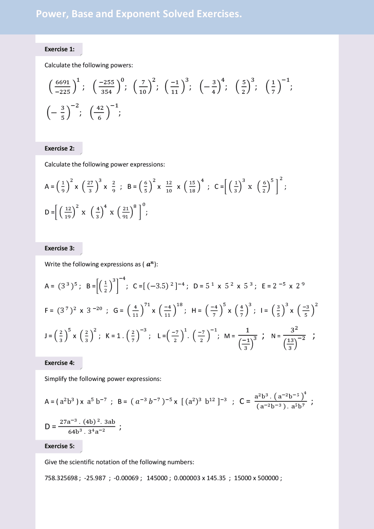 Power, base and exponent, scientific notation solved exercises - Docsity
