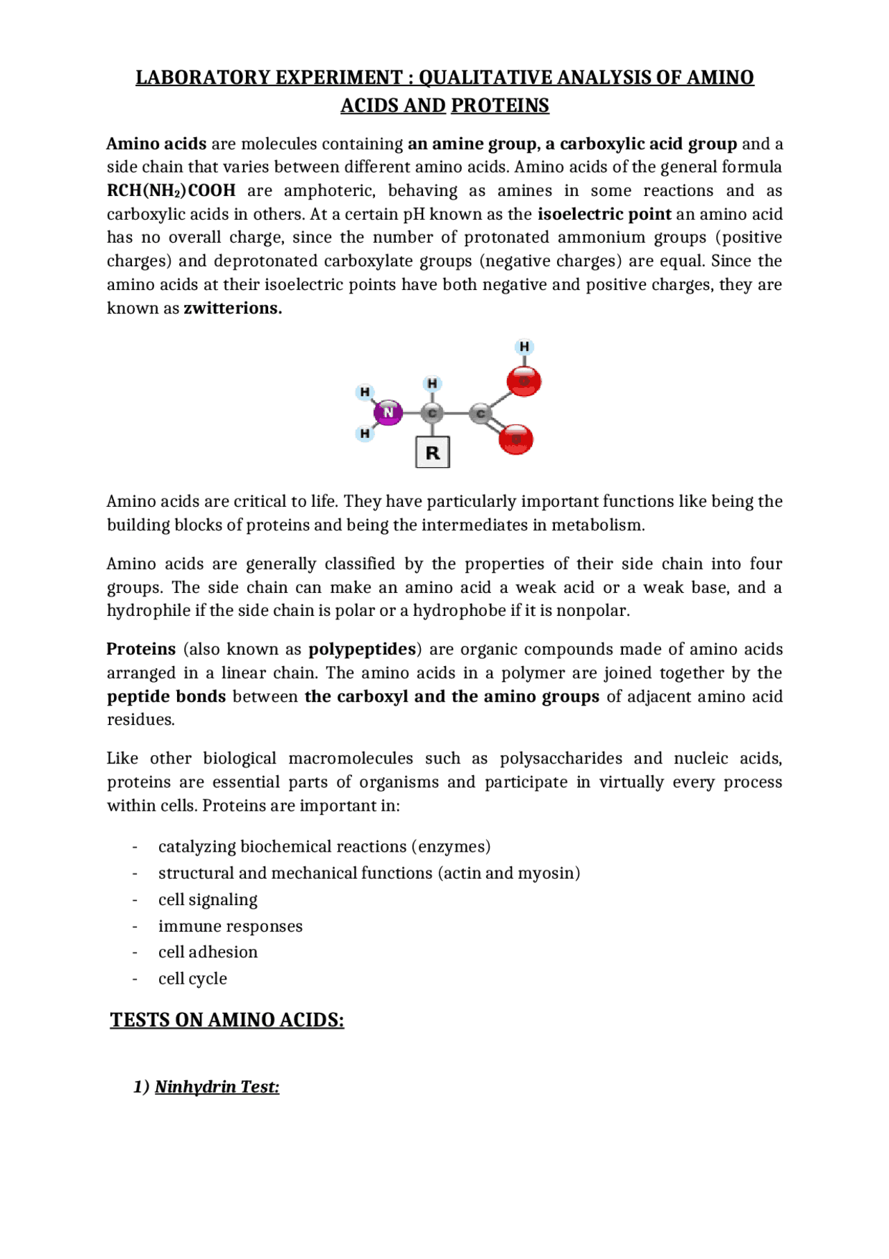 LABORATORY EXPERIMENTS IN AMINO ACID AND PROTEIN - Docsity