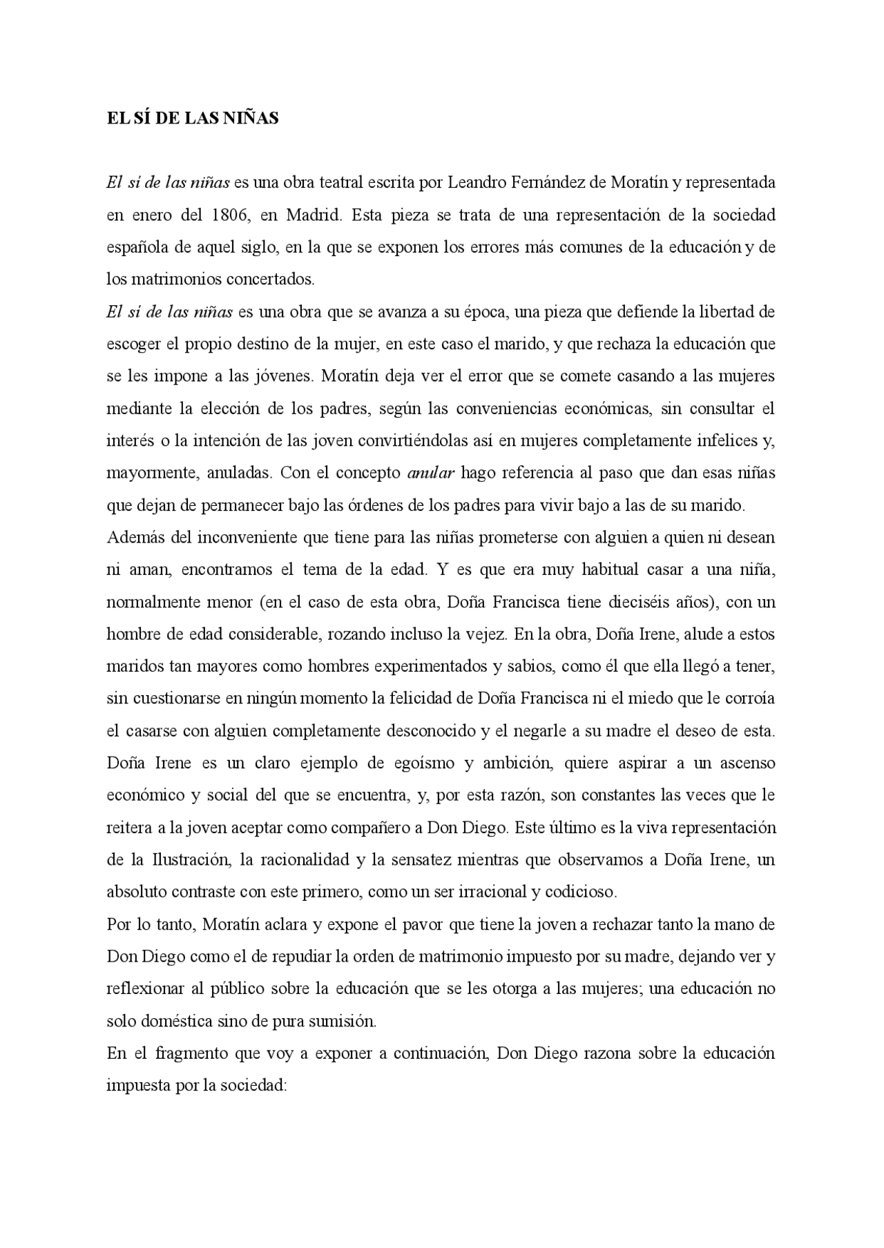 Reseña de El sí de las niñas | Resúmenes de Literatura | Docsity