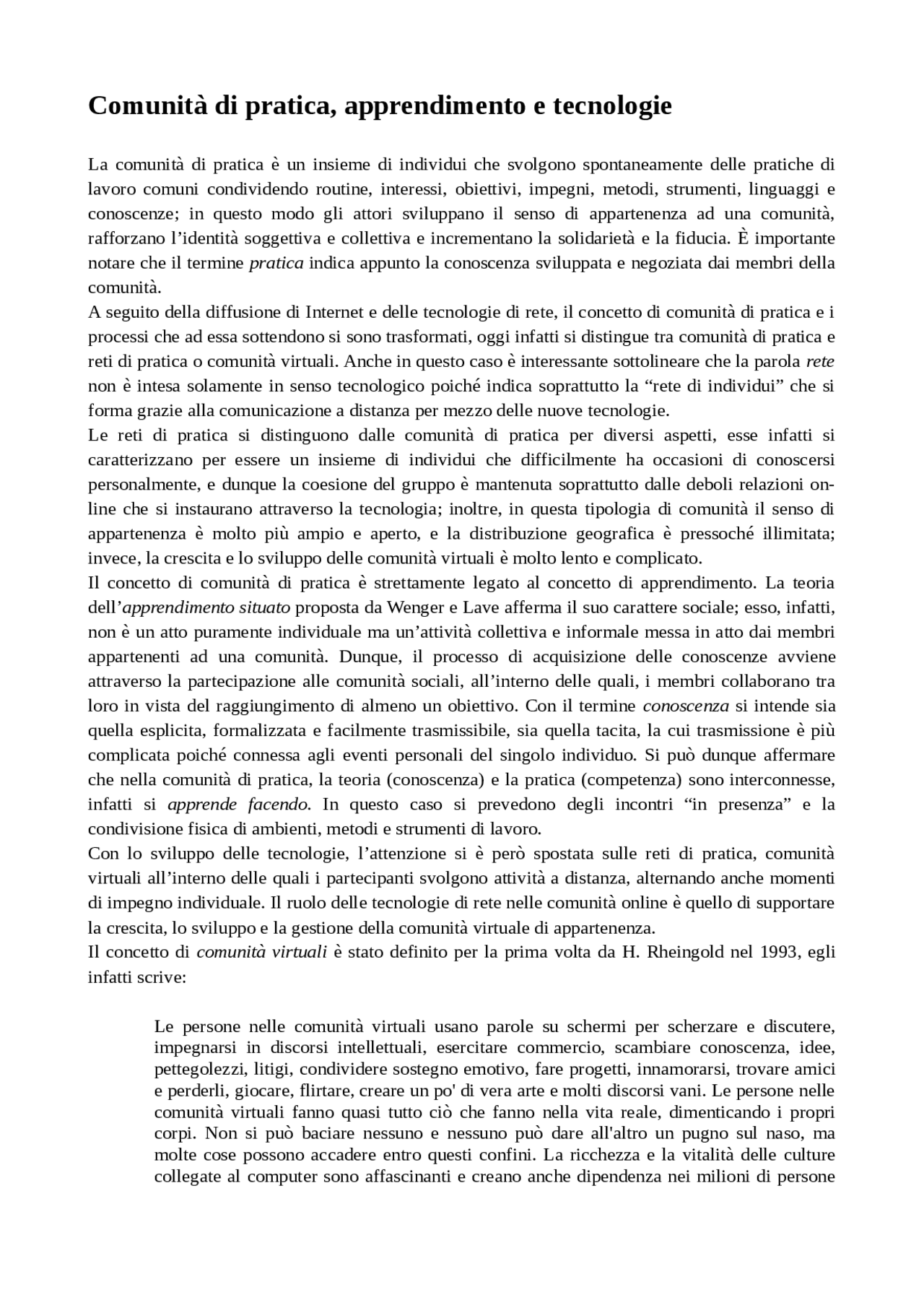Comunità Di Pratica E Tecnologia Docsity