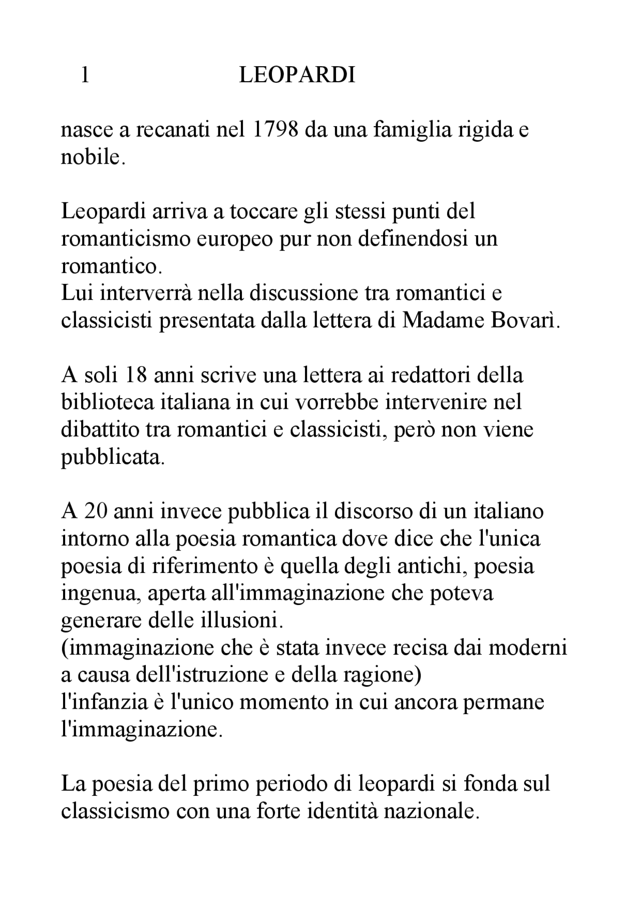 APPUNTI LEOPARDI 5 ANNO LICEO LINGUISTICO - Docsity