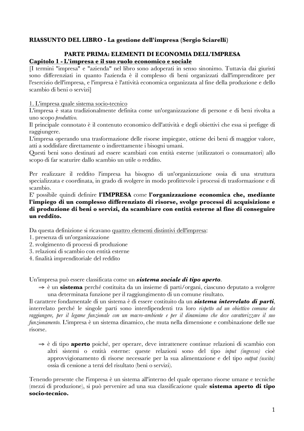 Riassunto Libro Sciarelli Docsity