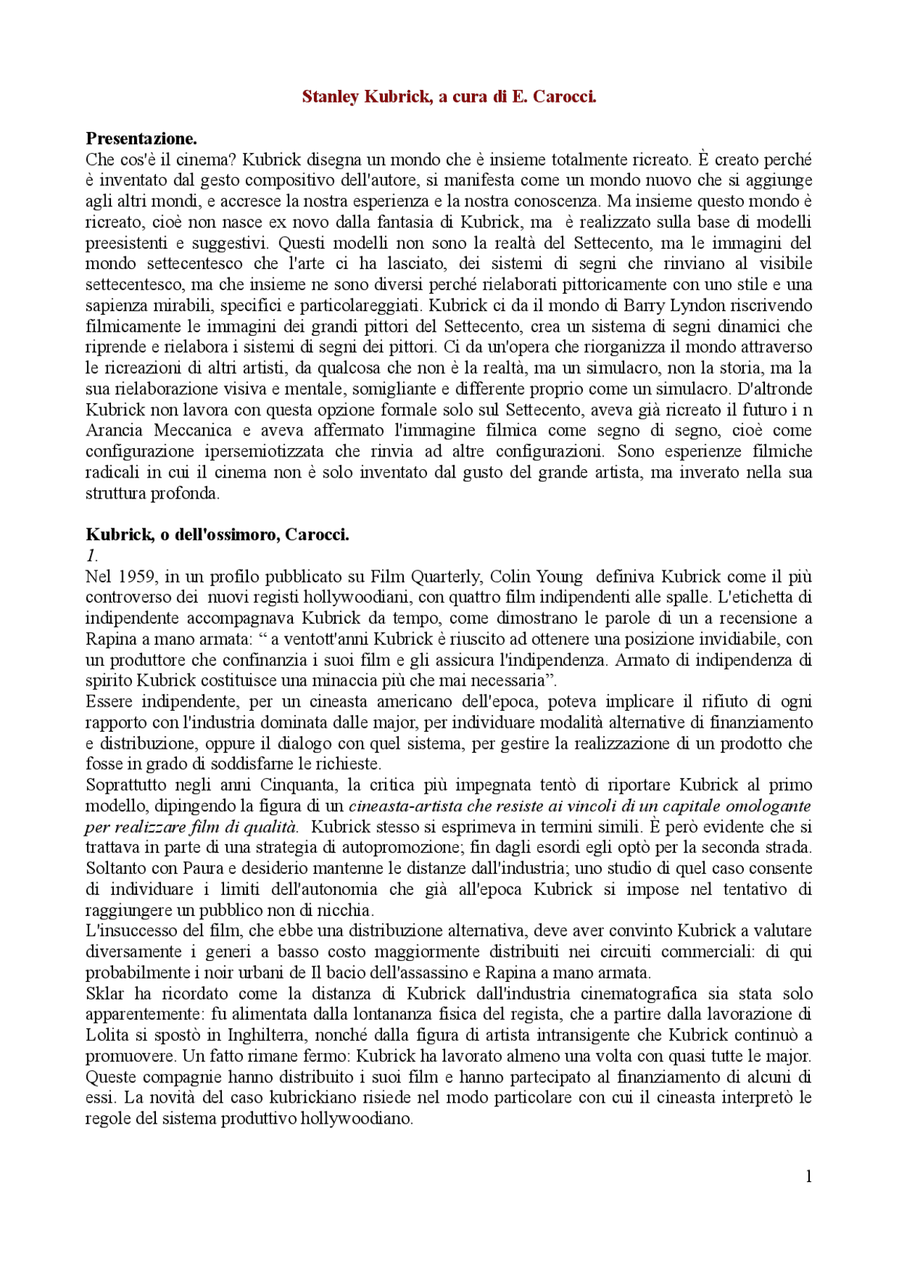 Stanley Kubrick Riassunto Libro Carocci Docsity