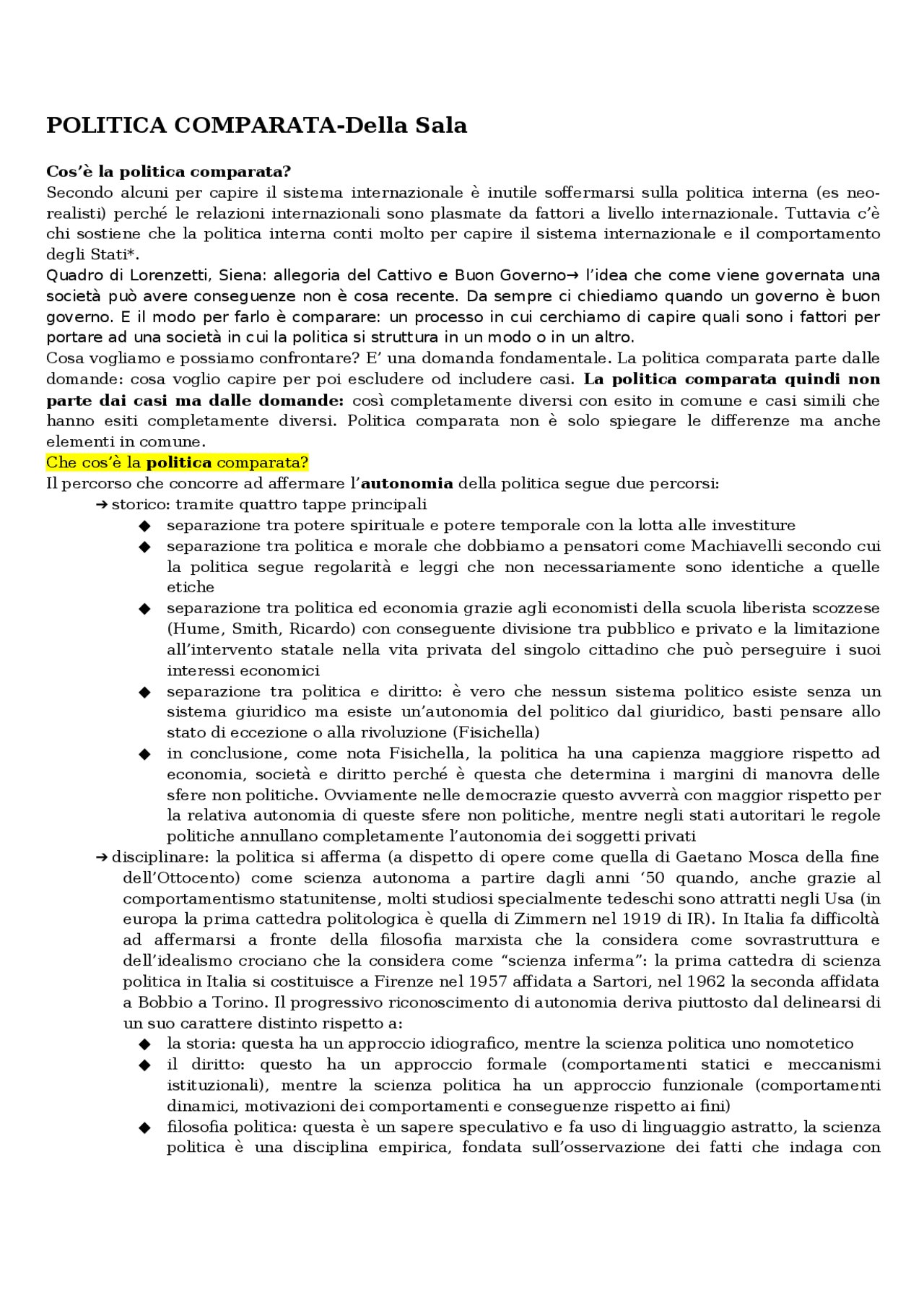 Sintesi E Appunti Politica Comparata Docsity