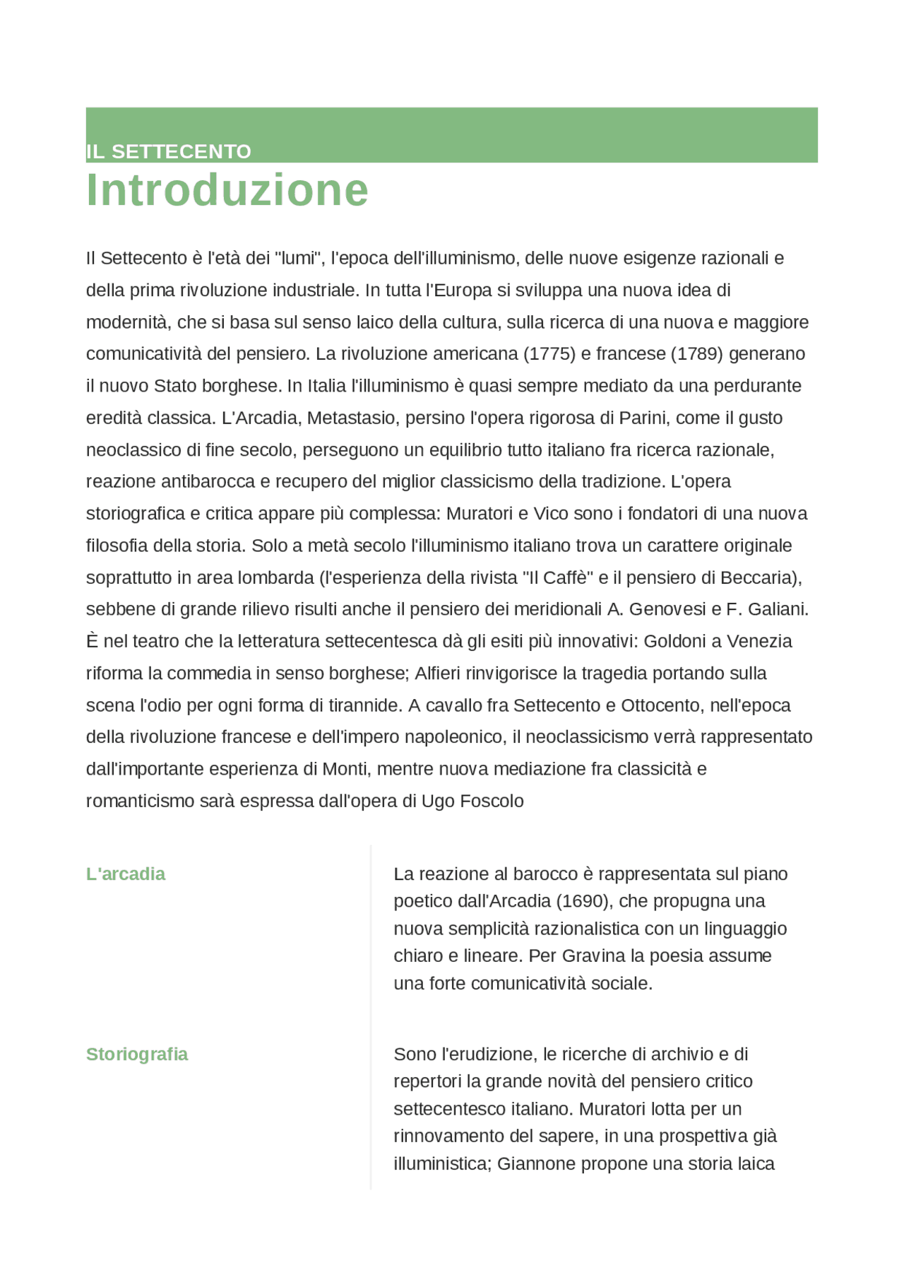 Letteratura del 700 autori e concetti base - Docsity