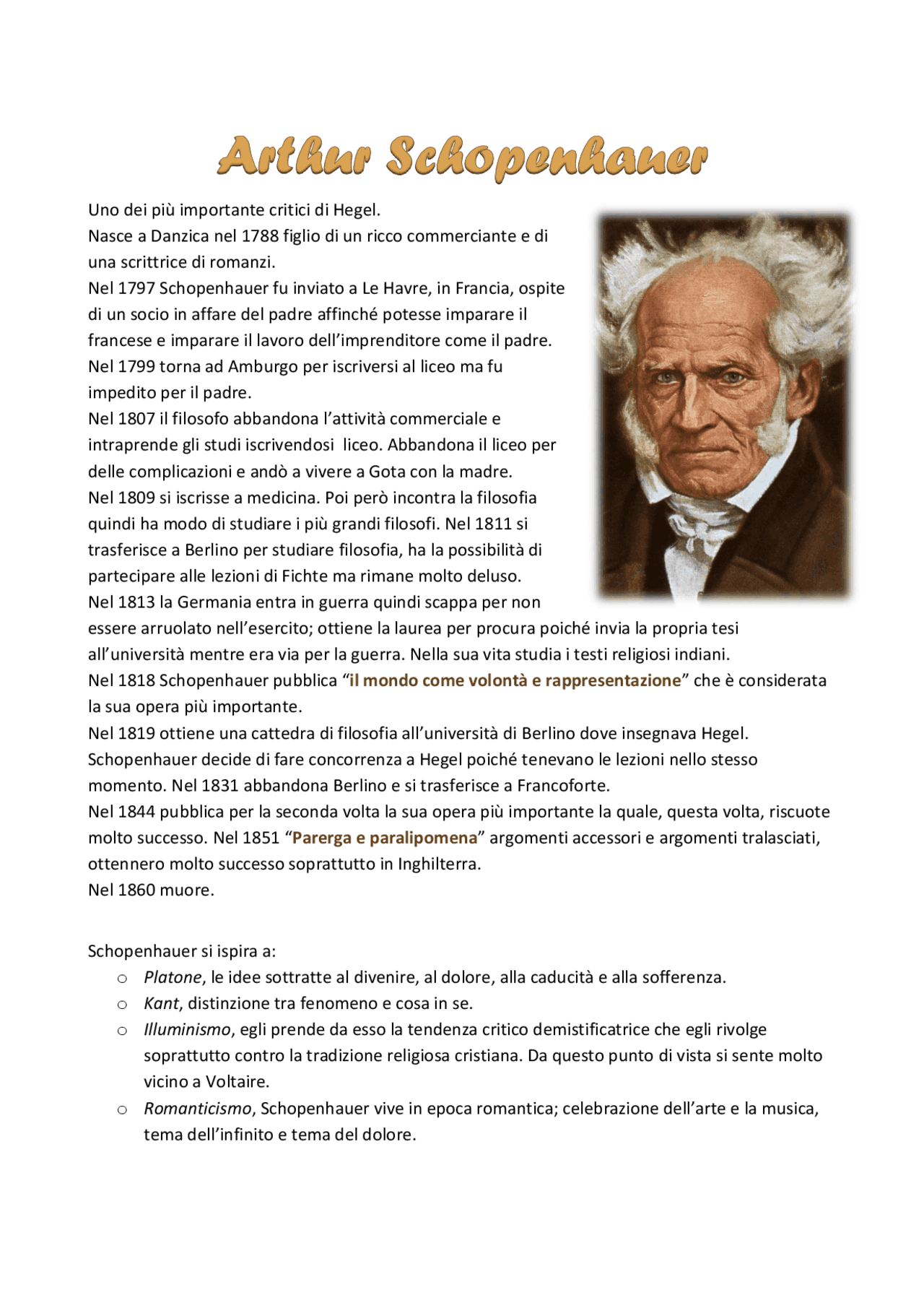 Arthur Schopenhauer e la volontà di vivere - Docsity