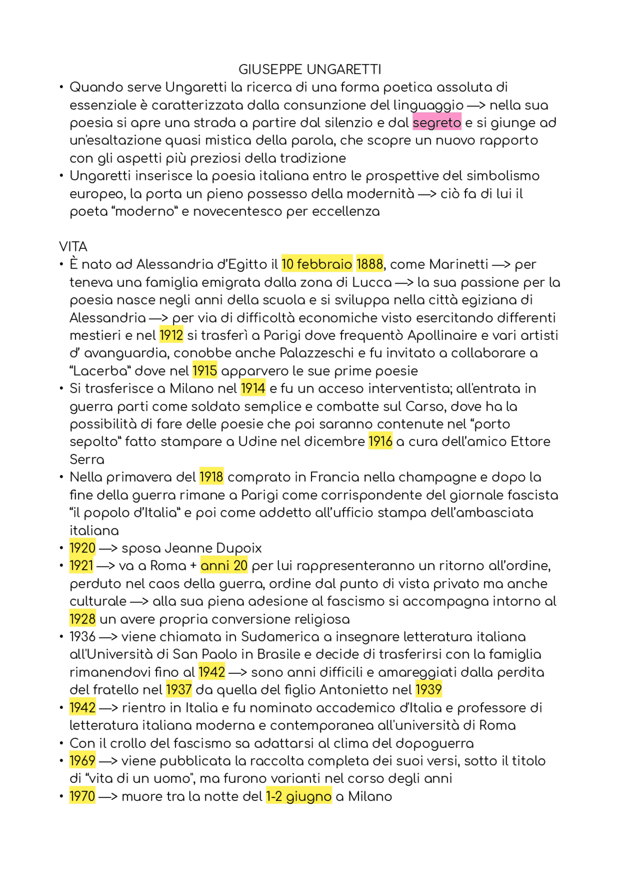 Giuseppe Ungaretti Vita E Poetica Docsity
