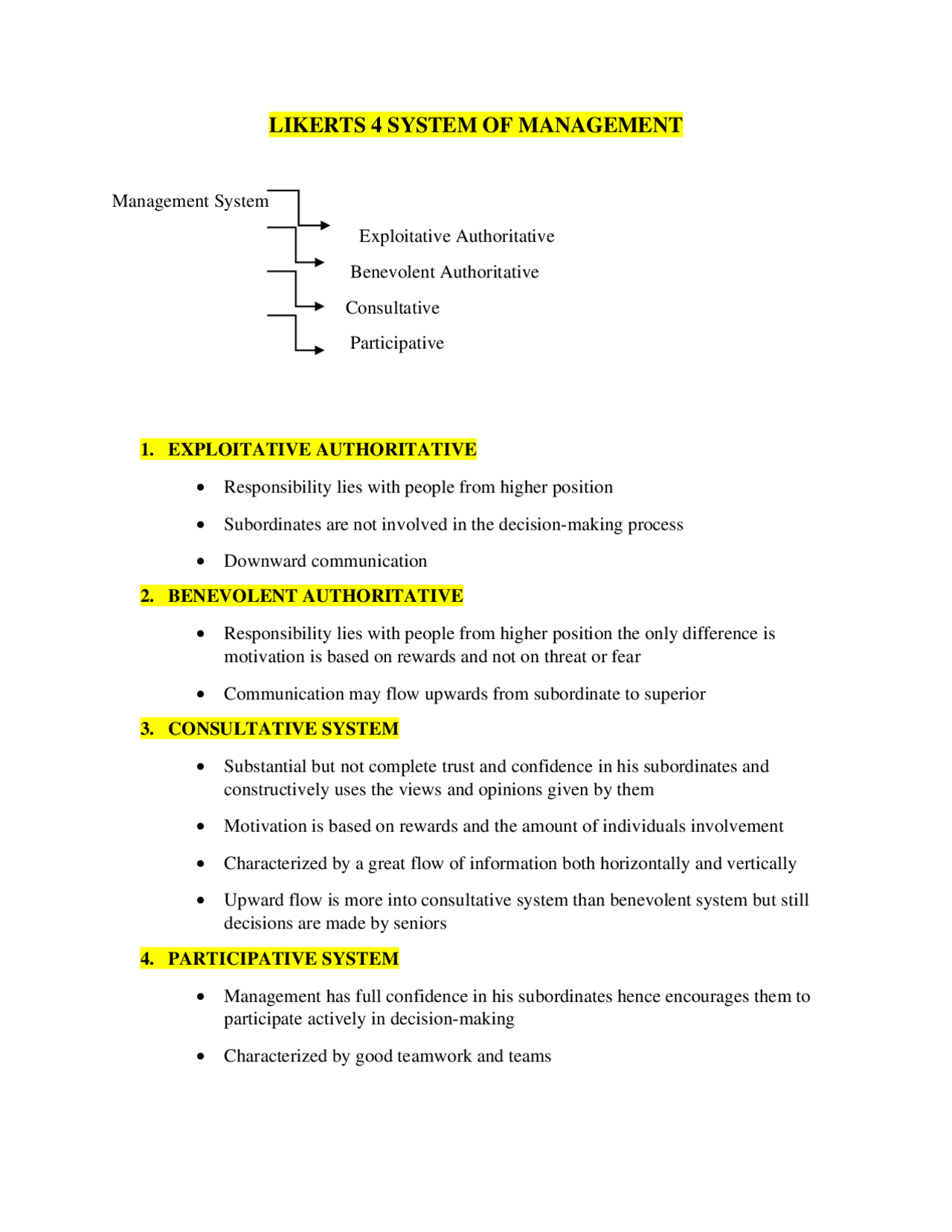 Likert's Four System of Management (Human Resource Management) - Docsity